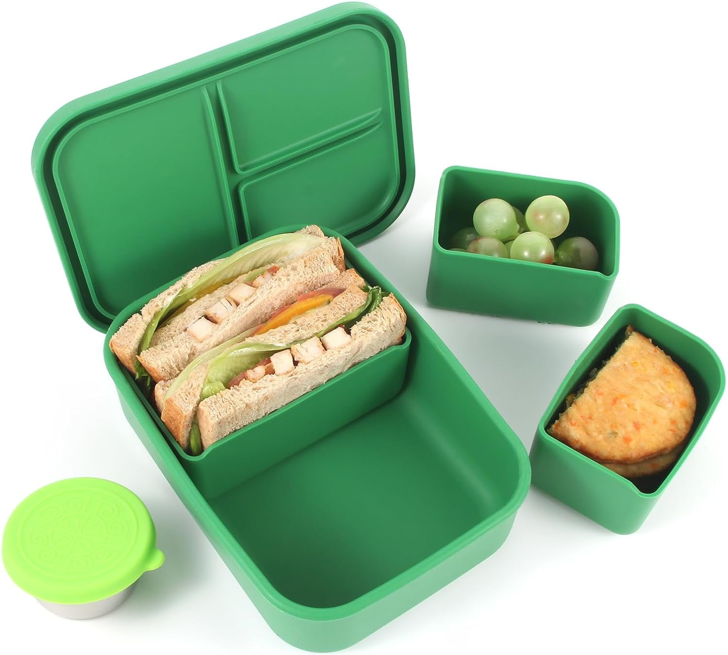 BESTKITTY Silone Bento Lun Box, 27oz（800ml Green with 3 Removerable ...