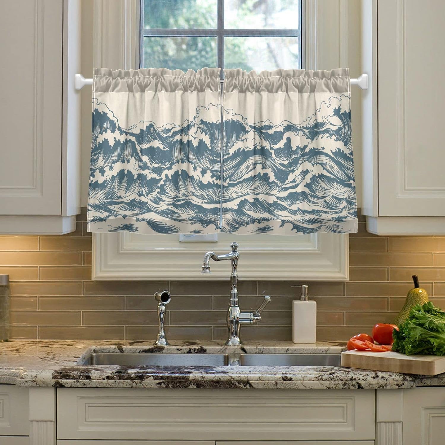 BESTKITTY Vintage Sea Waves Blue Tier Curtains, Window Kitchen Curtains ...