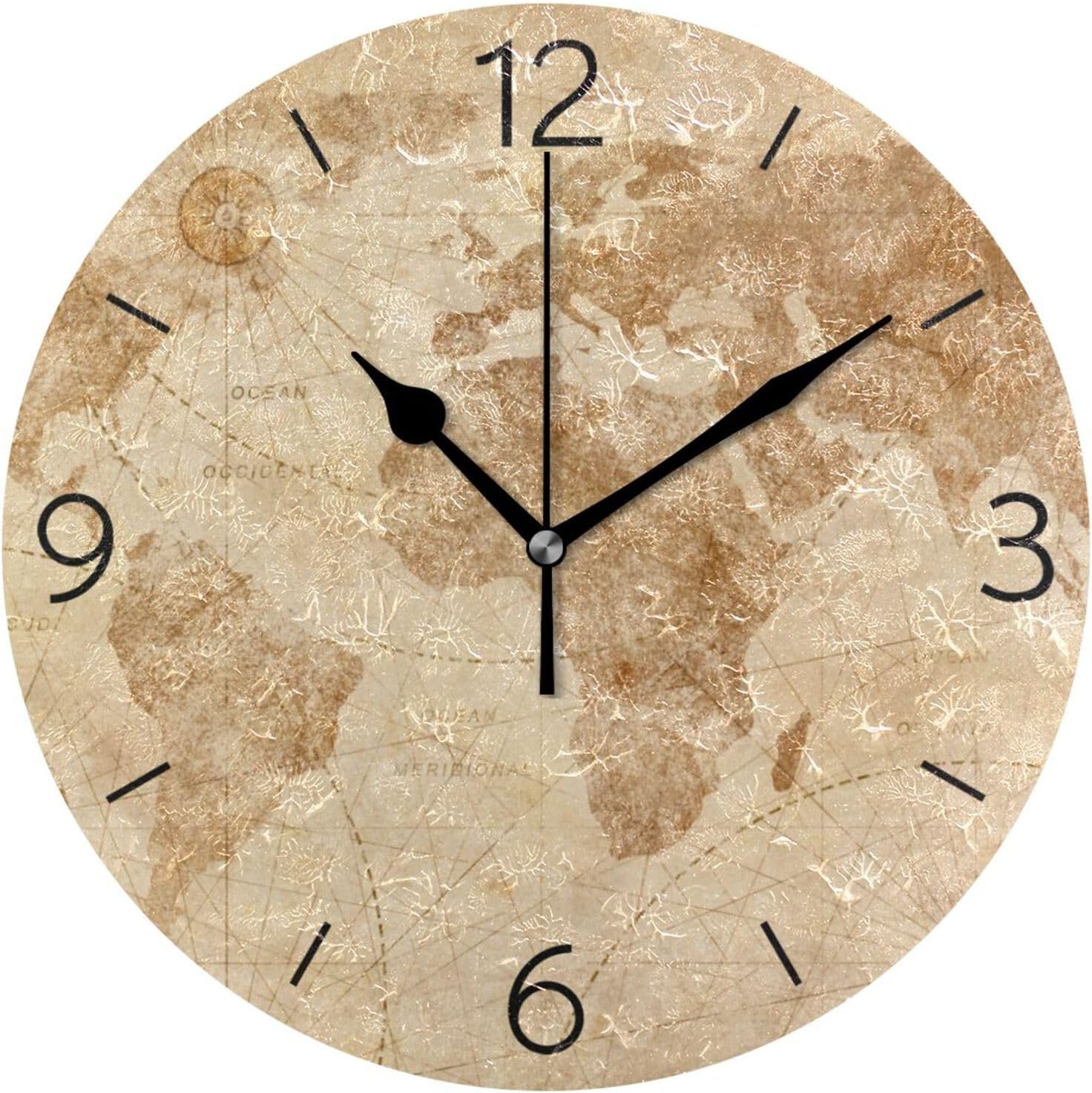 BESTKITTY Wall Clock Vintage World Map Round Clock for Bedroom Living ...