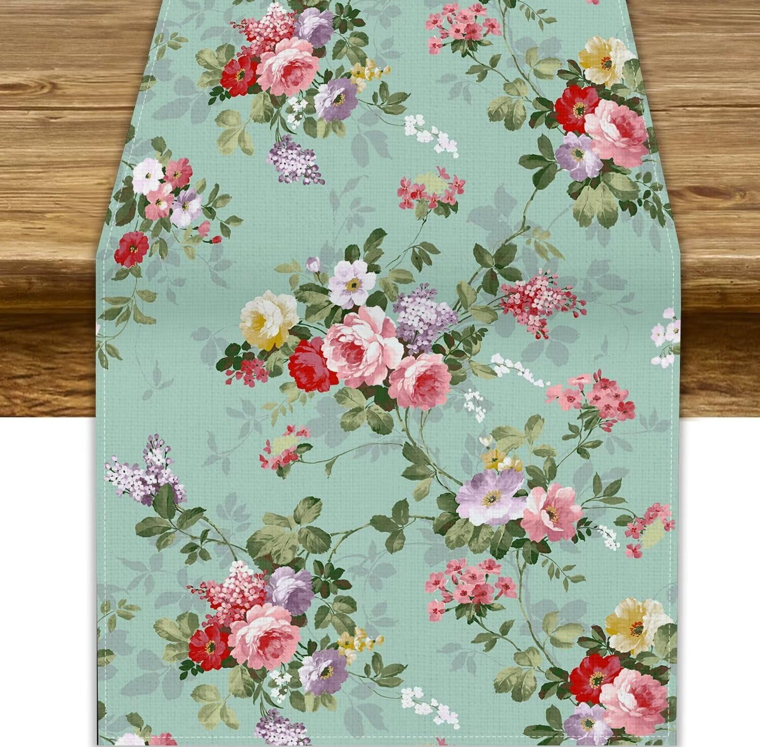 BESTKITTY Watercolor Flowers Table Runner,Green Baground Sp Flowers ...