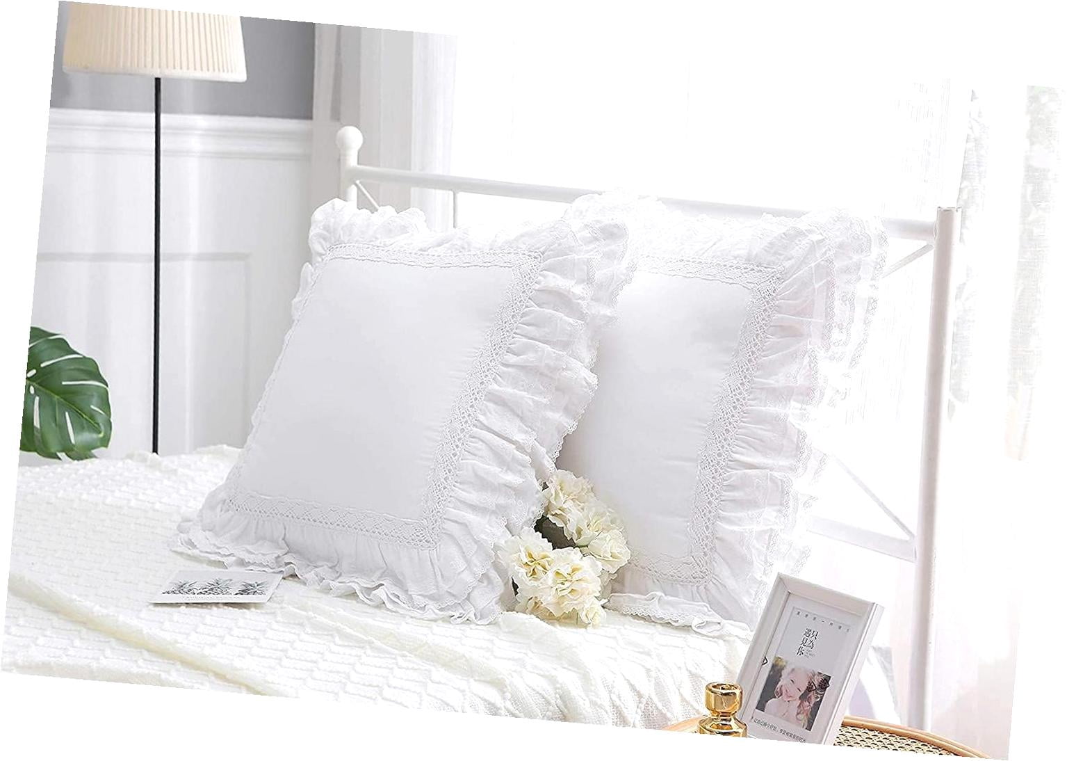 BESTKITTY White Lace Cushion Covers European Shams with Frills, Cotton ...