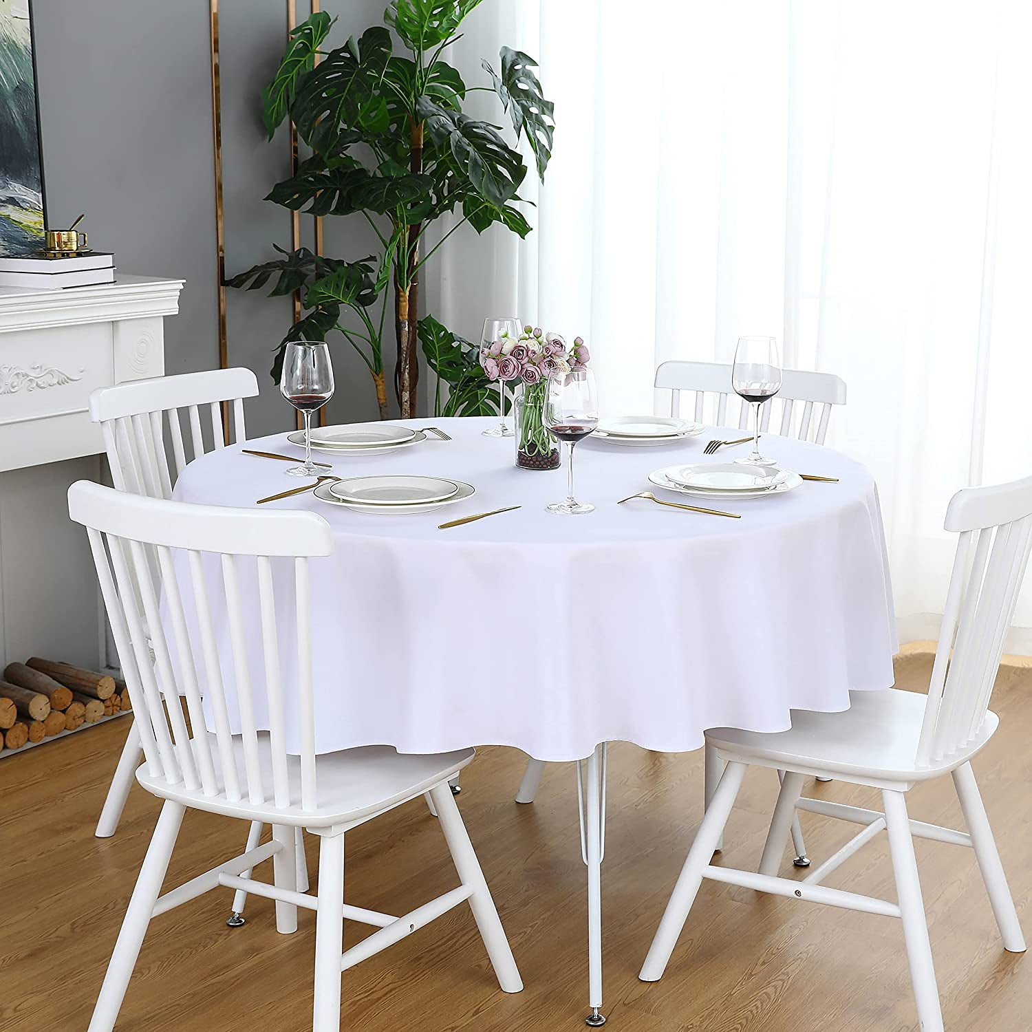 BESTKITTY White Round Tablecloth 60 In Waterof Heavy Duty Wrinkle Free ...