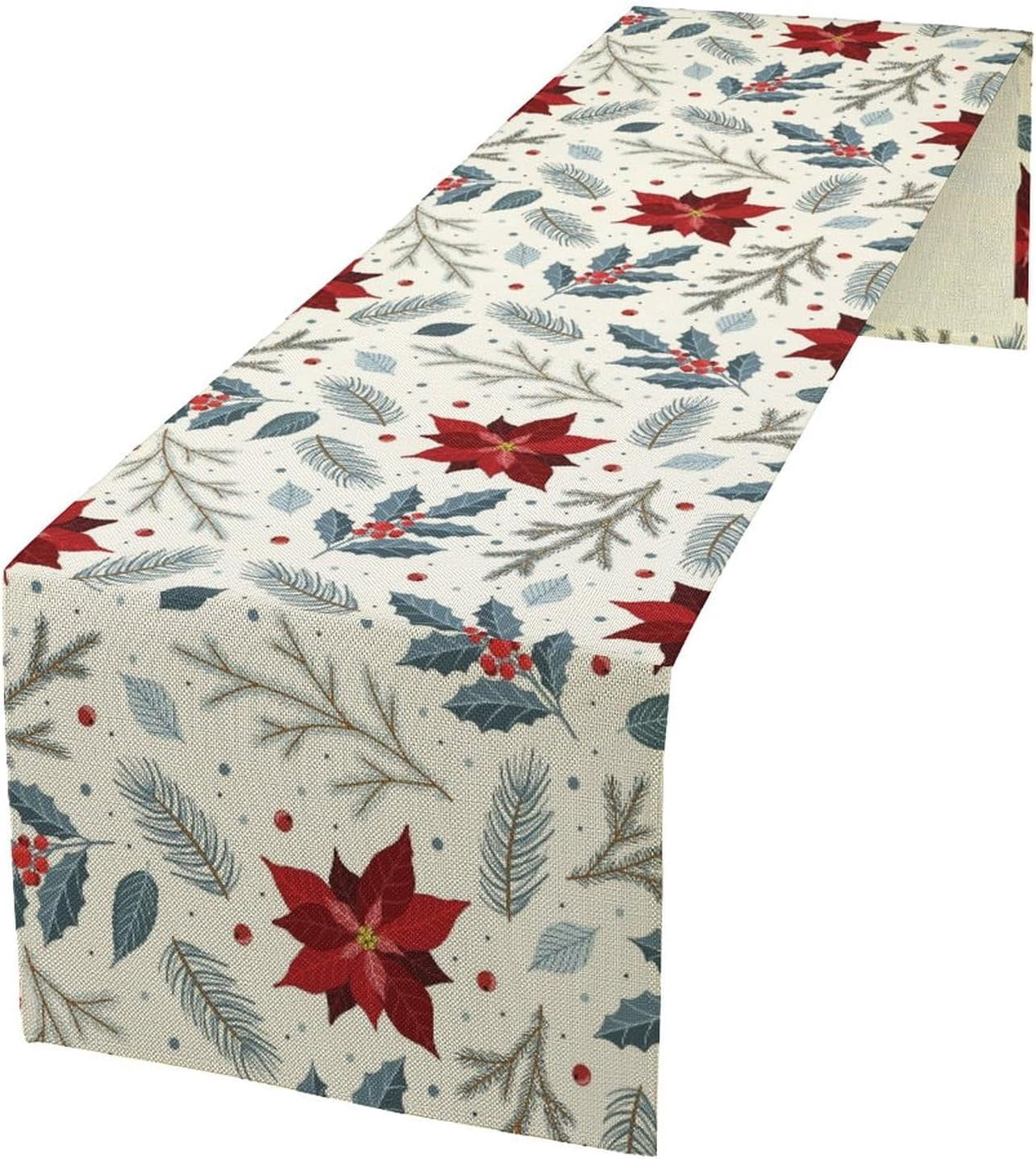 BESTKITTY ias Table Runner, R Blue Red Pine Bran Poinsettia Berries ...