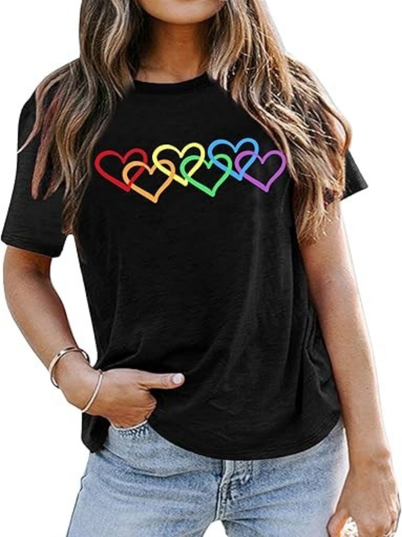 BESTLUCKY Casual Short Sleeve Women's Pride Shirts: Rainbows Heart ...