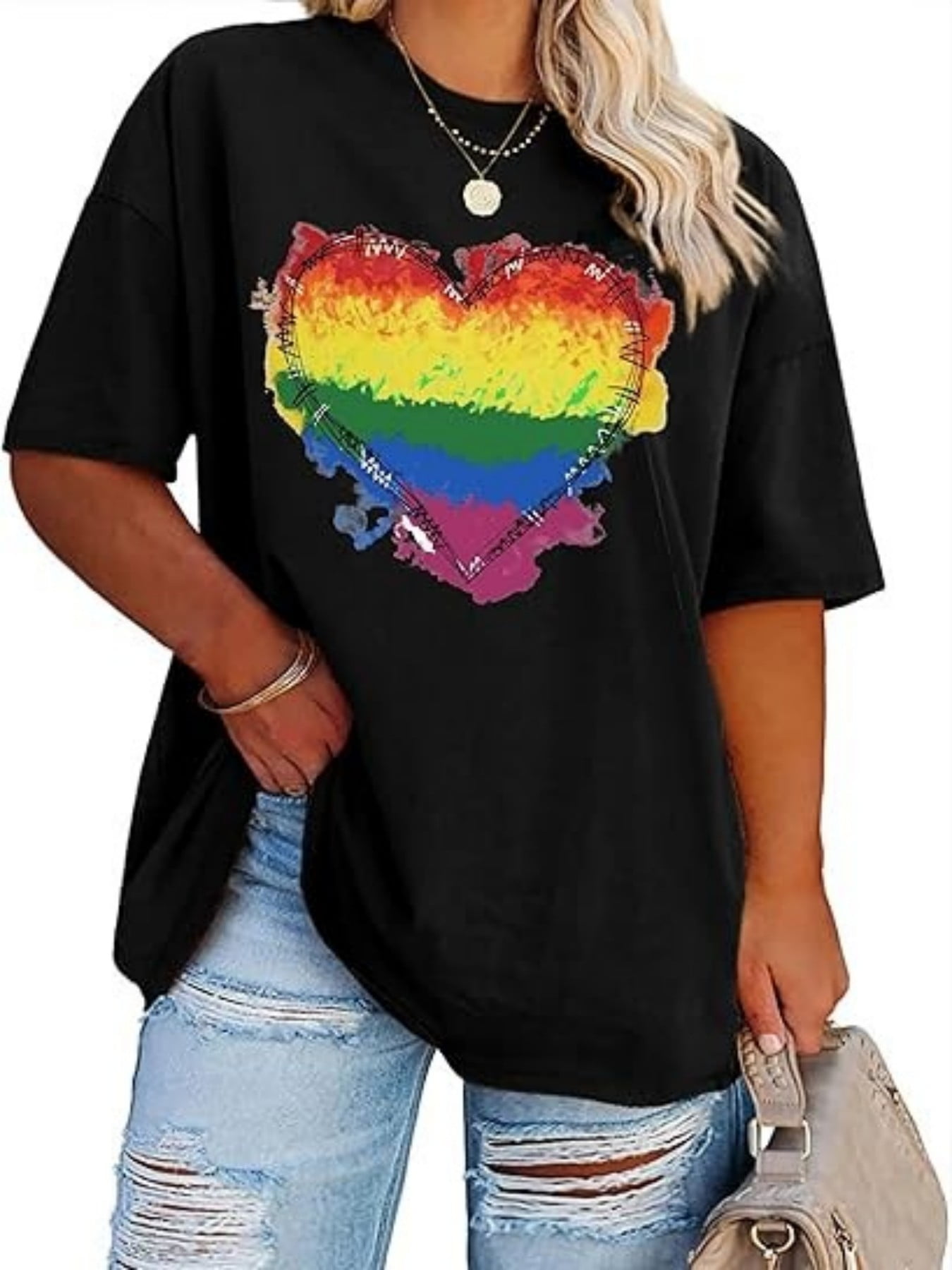 BESTLUCKY Plus Size Pride Shirt: Rainbow Heart Graphic Tshirt LGBT Gay ...