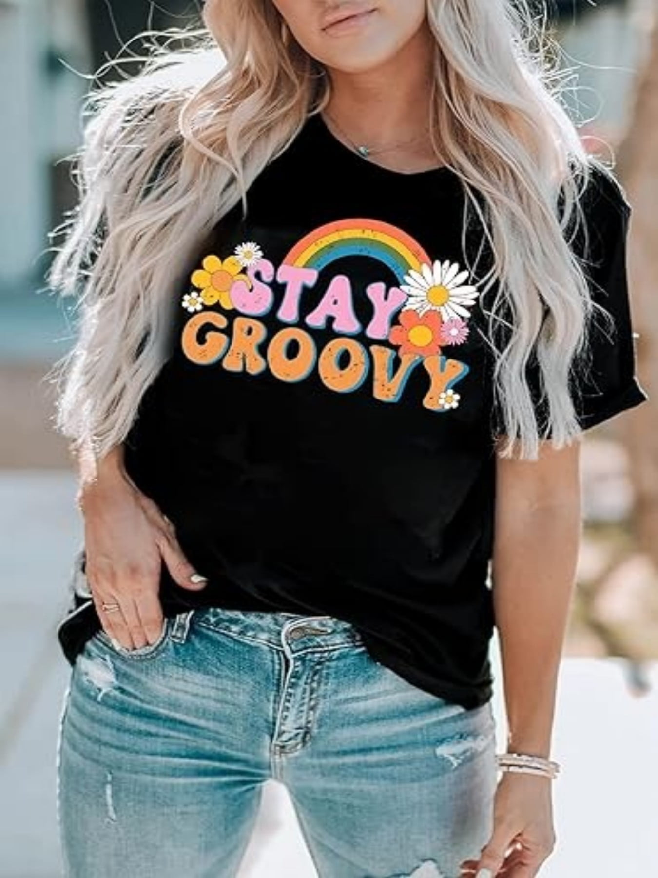 BESTLUCKY Stay Groovy Shirt for Womens Floral Graphic Retro Shirts ...