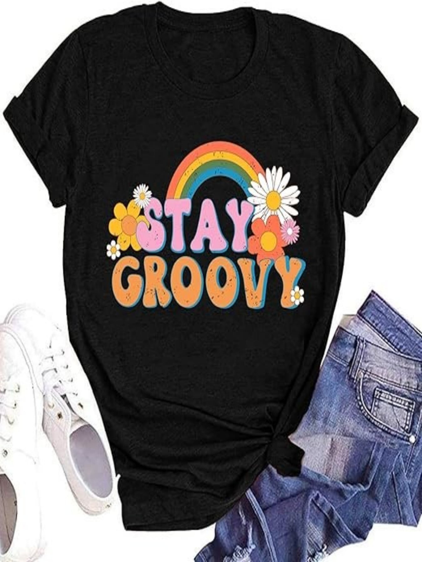 BESTLUCKY Stay Groovy Shirt for Womens Floral Graphic Retro Shirts ...