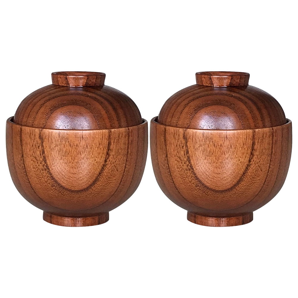 Homoyoyo 2Pcs Wooden Rice Bowls with Lids Lightweight Food Serving ...