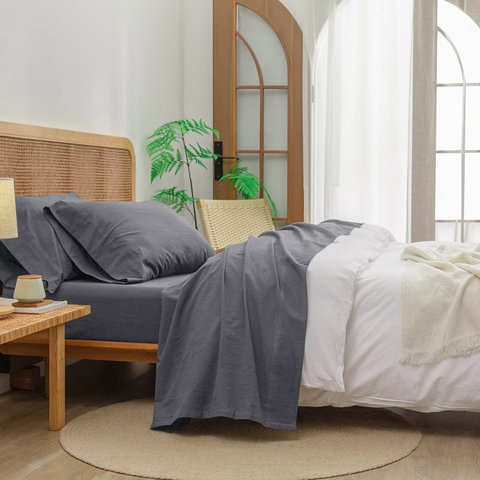 BESTOUCH Sheet Set 100% Washed Cotton Linen Feel Super Soft Comfortable ...