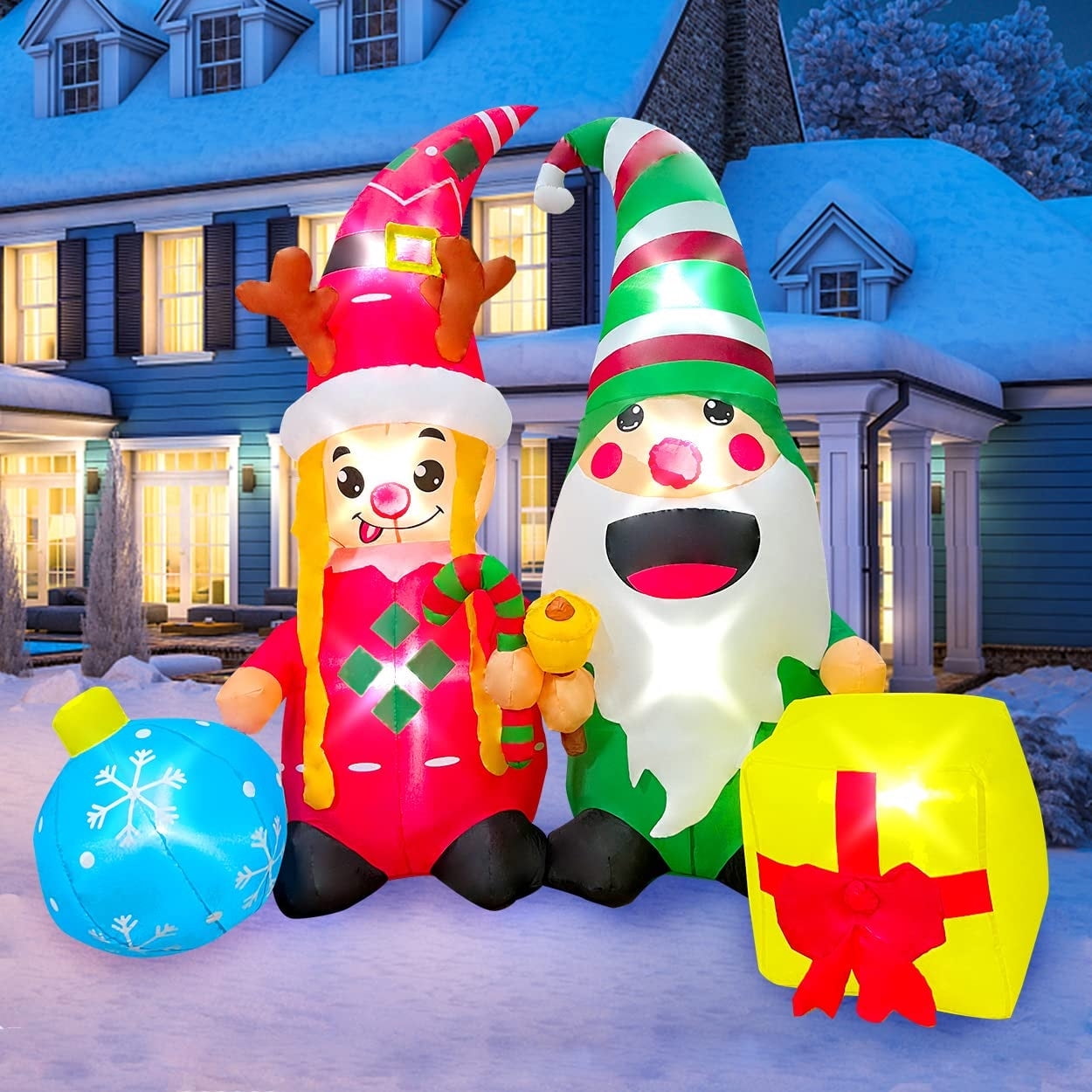 BESTPARTY 6ft Christmas Inflatable Twin Gnomes with Gift and Snow Ball ...