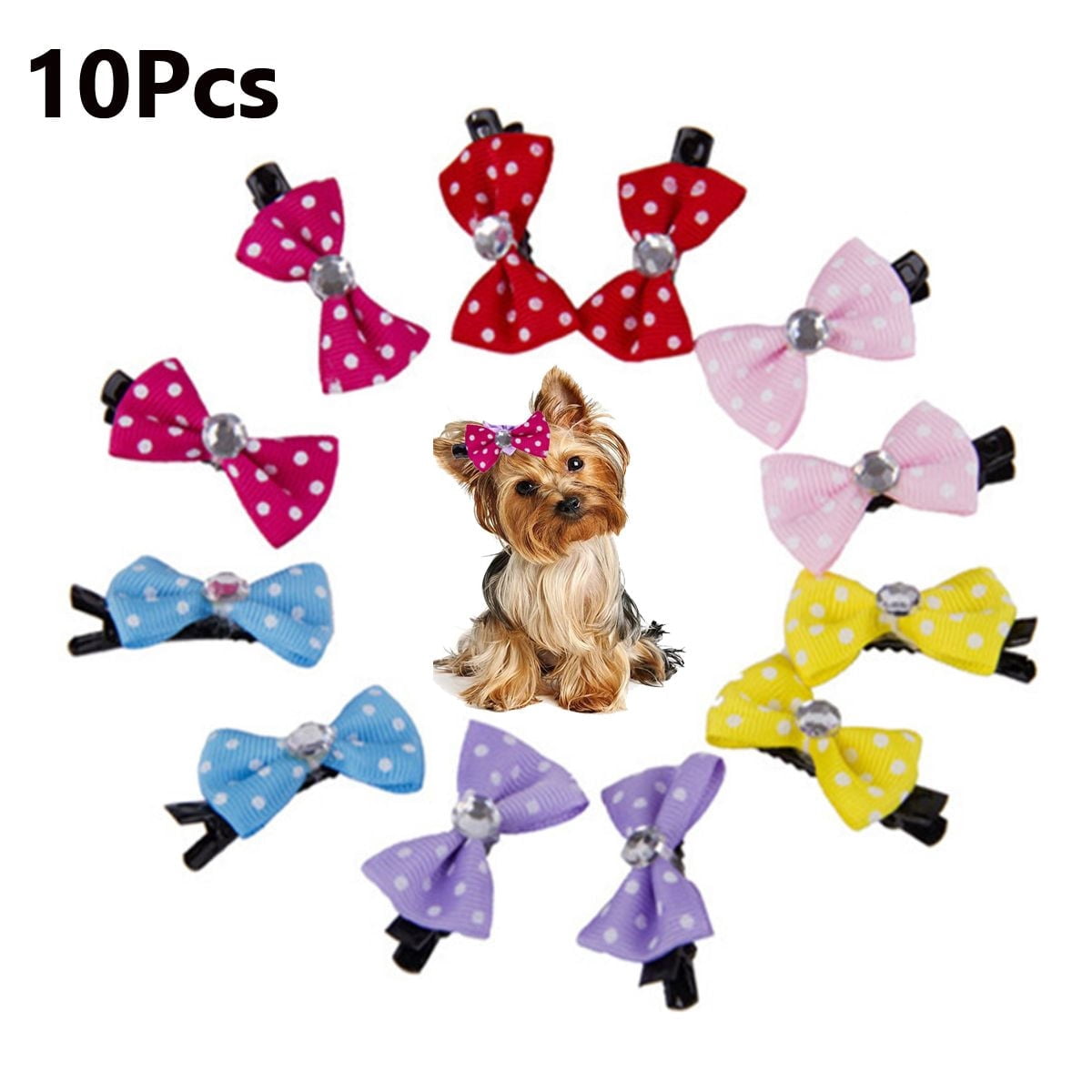 BESTSKY 10Pcs Cute Polka Dot Puppy Dog Small Bowknot Hair Bows with ...