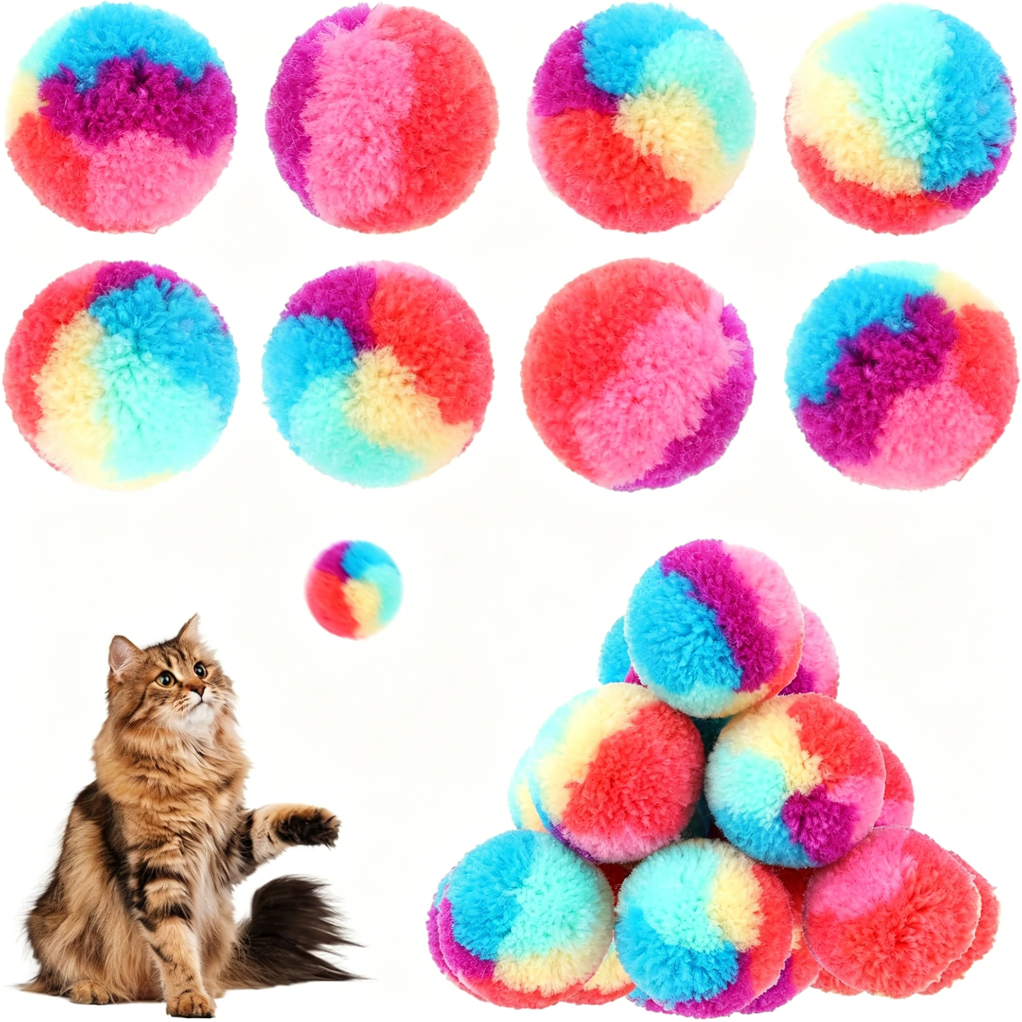 BESTSKY 30 Pcs Soft Plush Cat Ball 1.2-Inch Rainbow Cat Toy Balls Fuzzy ...