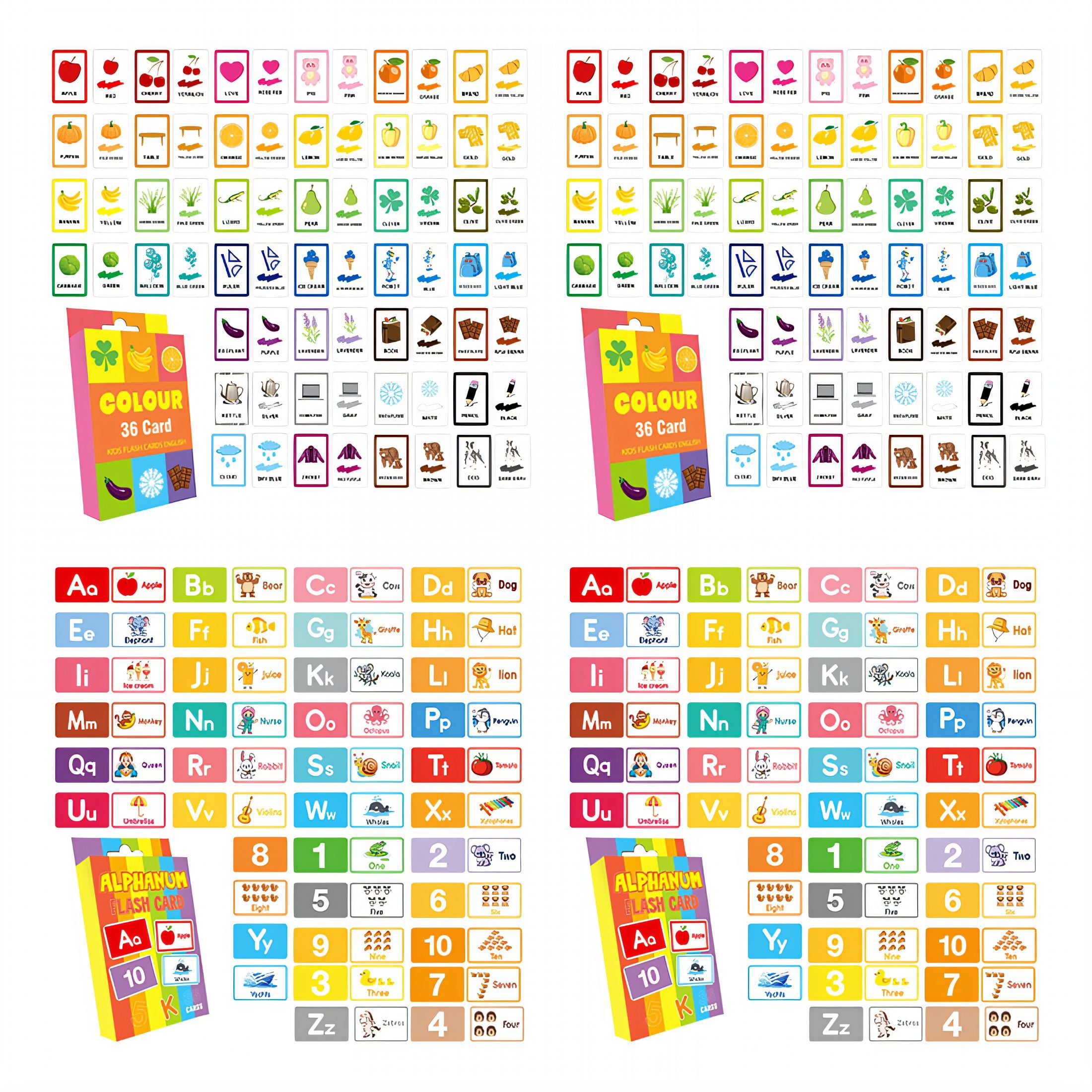 BESTSKY 4 Pack Flash Cards,Colour,Alphanumeric Flash Cards for Toddlers ...