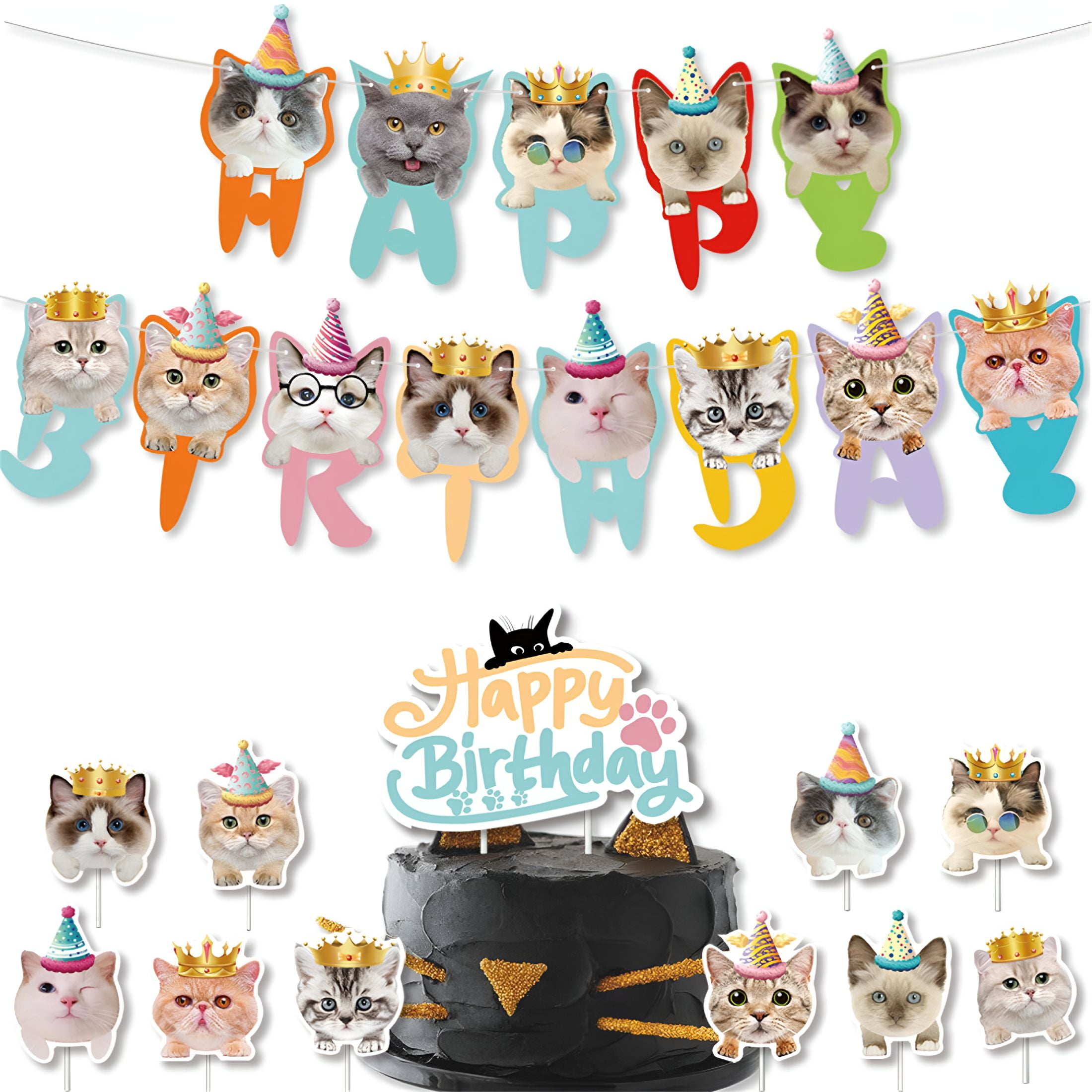 BESTSKY Cat Party Decorations Cat Faces Birthday Banner Birthday Cat ...
