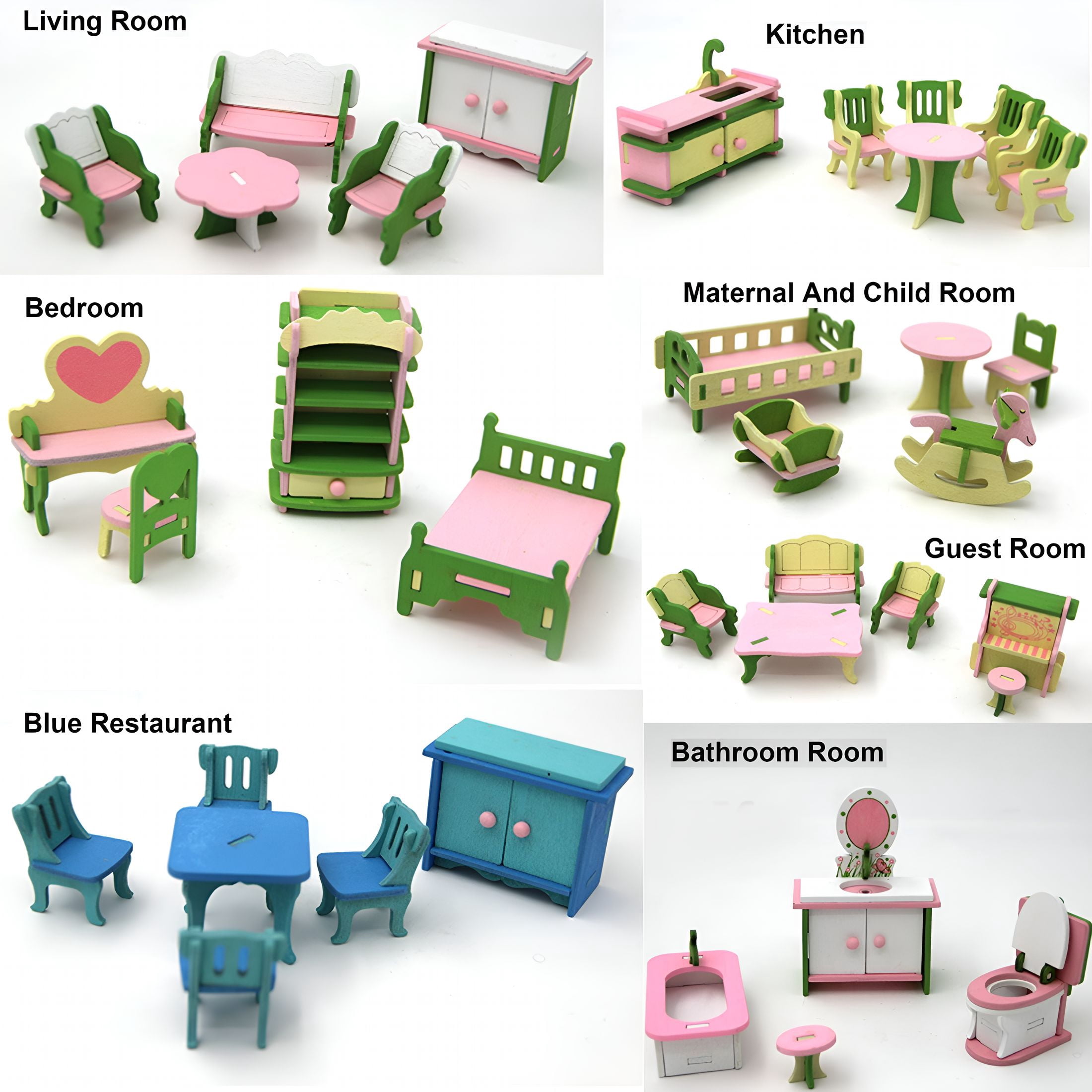 BESTSKY Colorful Wooden Doll House Furniture Room Set, Wood Miniature ...