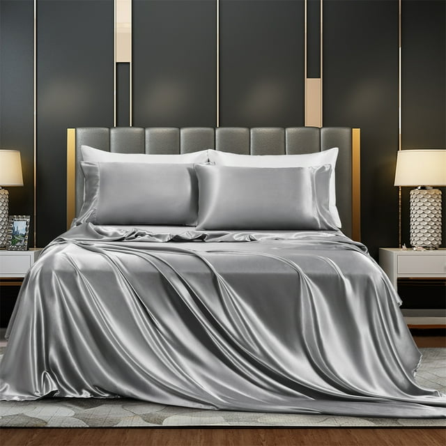 Bestspr 4pcs Satin Sheet Set King Size Ultra Silky Soft Satin King Bed