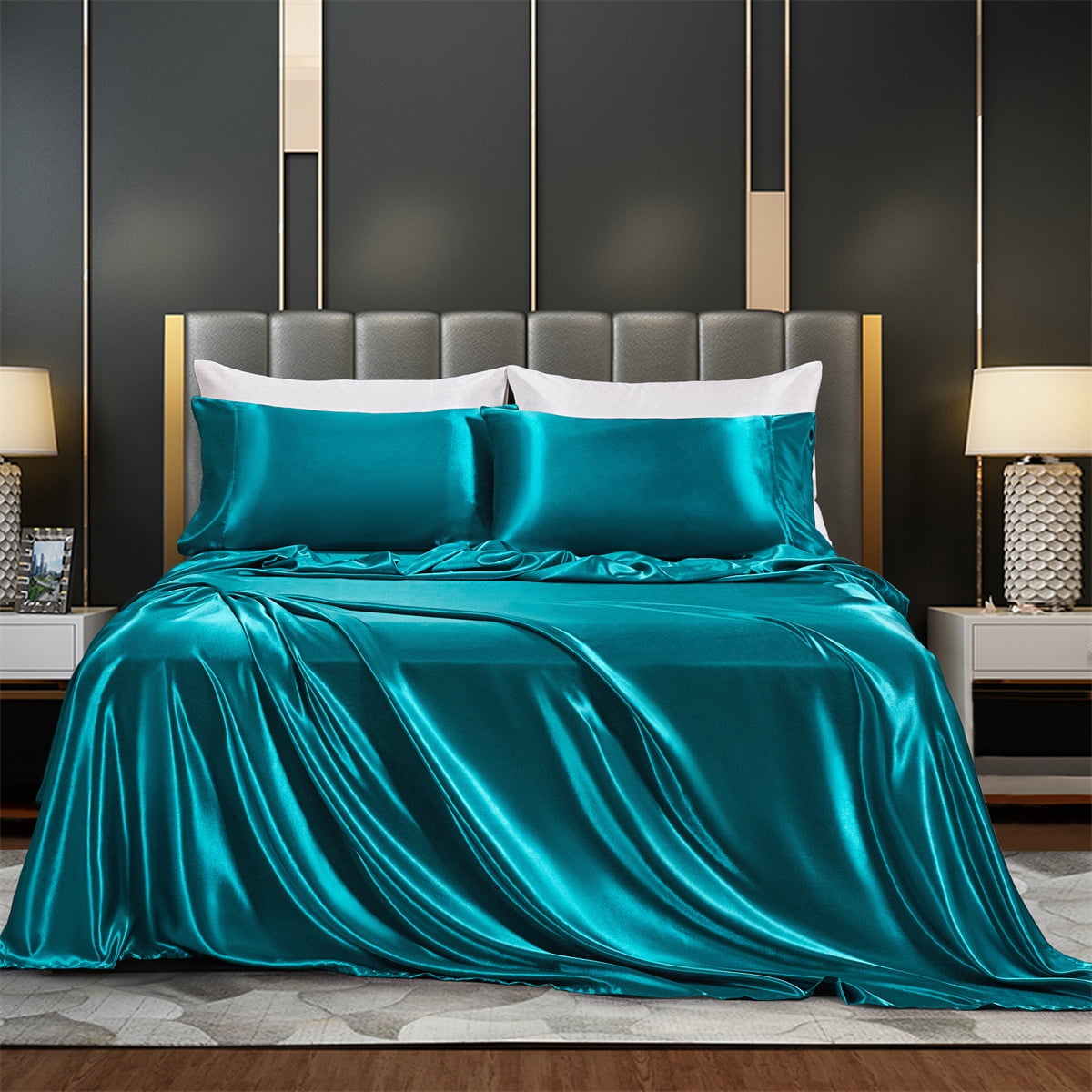 Bestspr 4pcs Satin Sheet Set King Size Ultra Silky Soft Satin King Bed