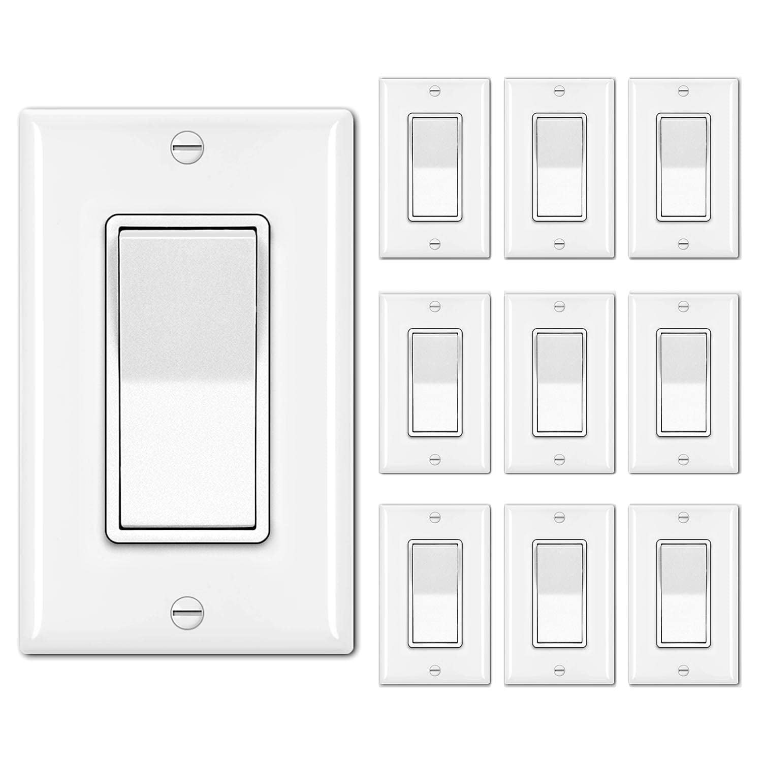 BESTTEN 10 Pack Single Pole Decorator Light Switch with Wallplate, 15A ...