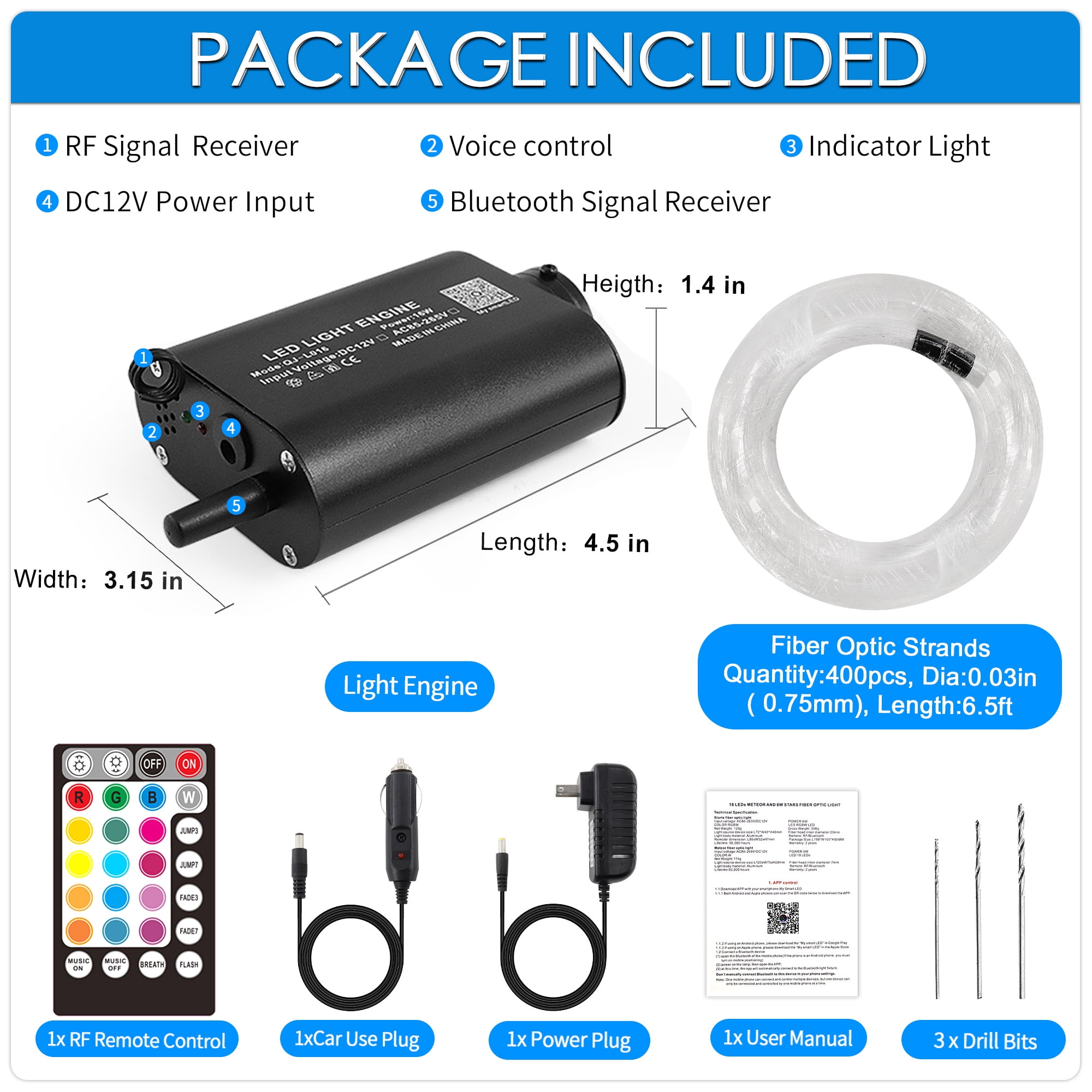 BESTUND 16W Sound Activated Starlight Headliner Kit 400pcs*0.03in*6.8ft ...