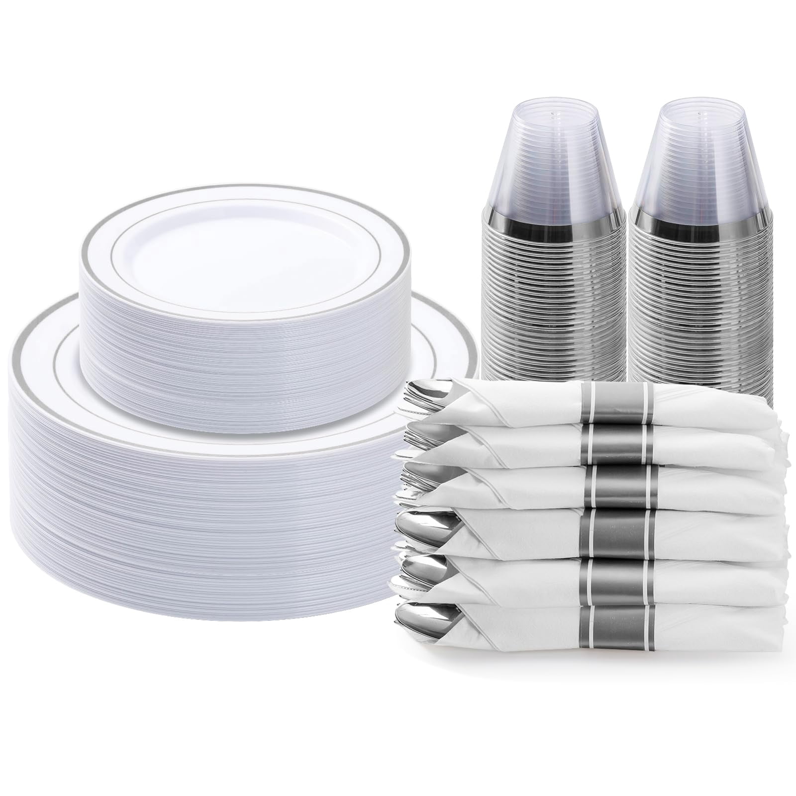 BESTVIP 175PCS Silver Plastic TSF6 Dinnerware Set, Disposable Party ...