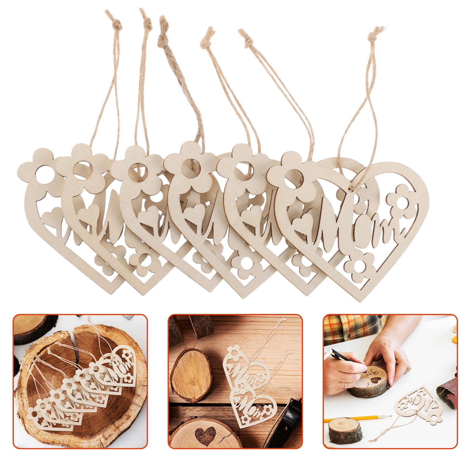 BESTYASH 20 Set Heart Shaped Wood Chips with Hemp Rope for Moms Decor ...