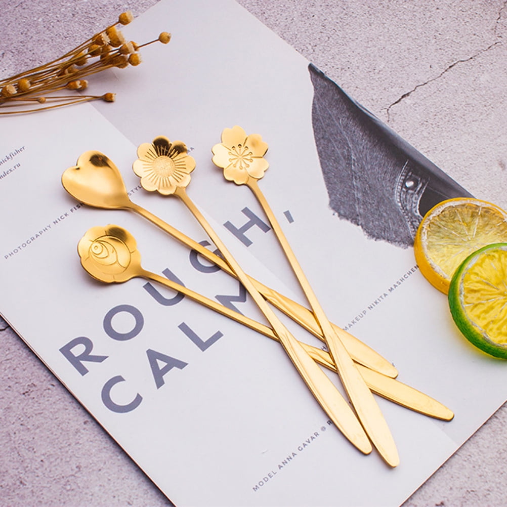 BESTYASH 3 Pcs Cute Coffee Spoons Petal Shaped Heads Golden Dessert ...