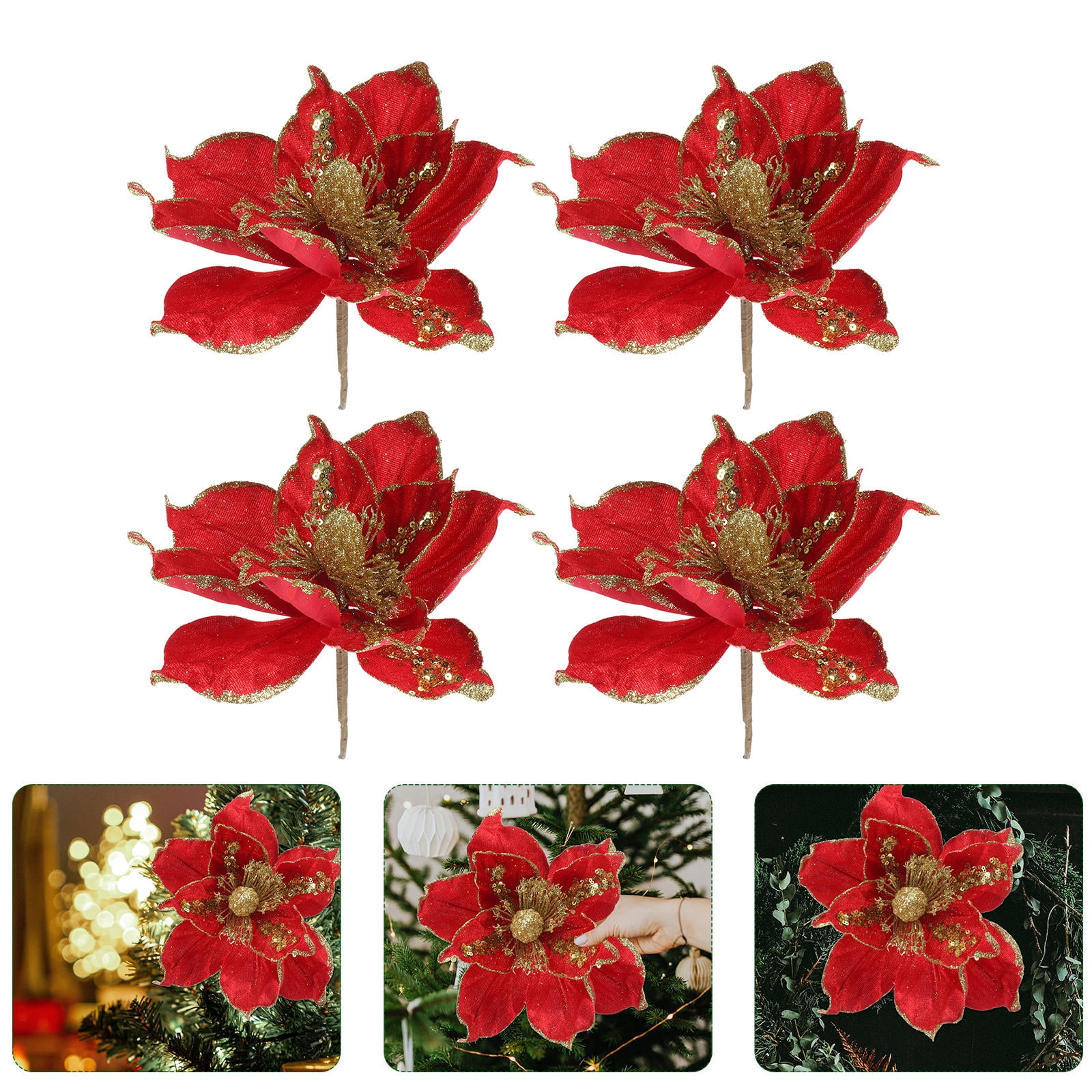 BESTYASH 4pcs Poinsettia Centerpiece Cloth Decoration for Holiday ...