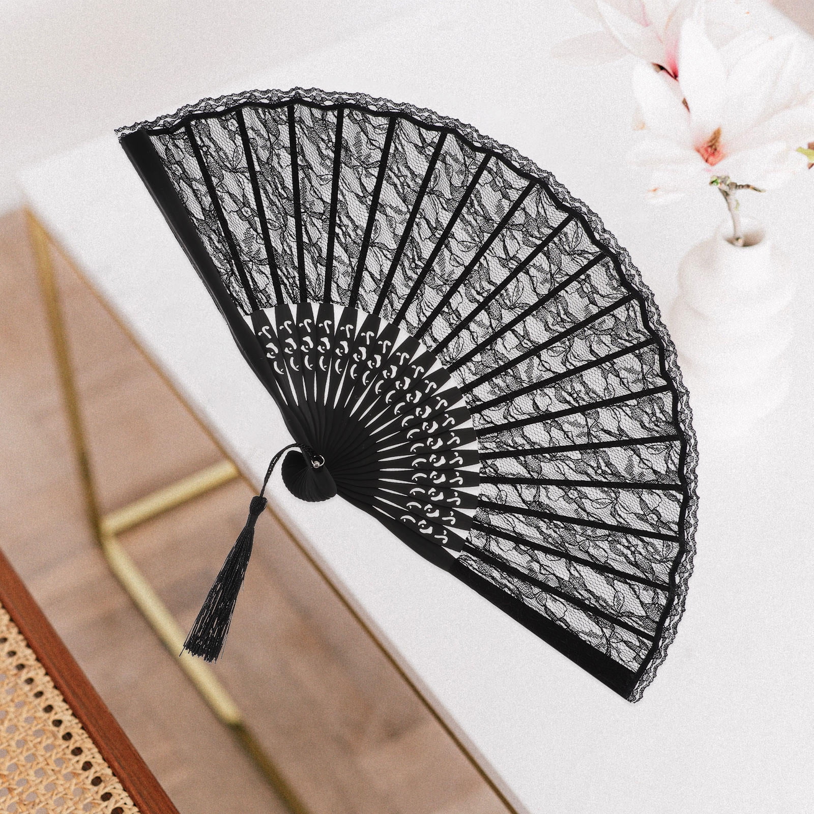 BESTYASH Black Lace Folding Fan with Bamboo Frame Elegant Spanish Hand ...