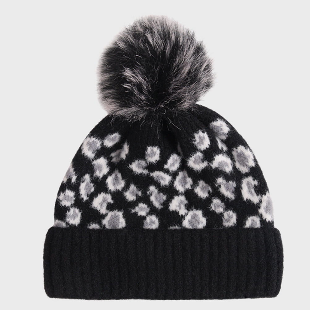 BESTYASH Black Woolen Hat with Leopard Design Soft Warm Winter Knitted ...