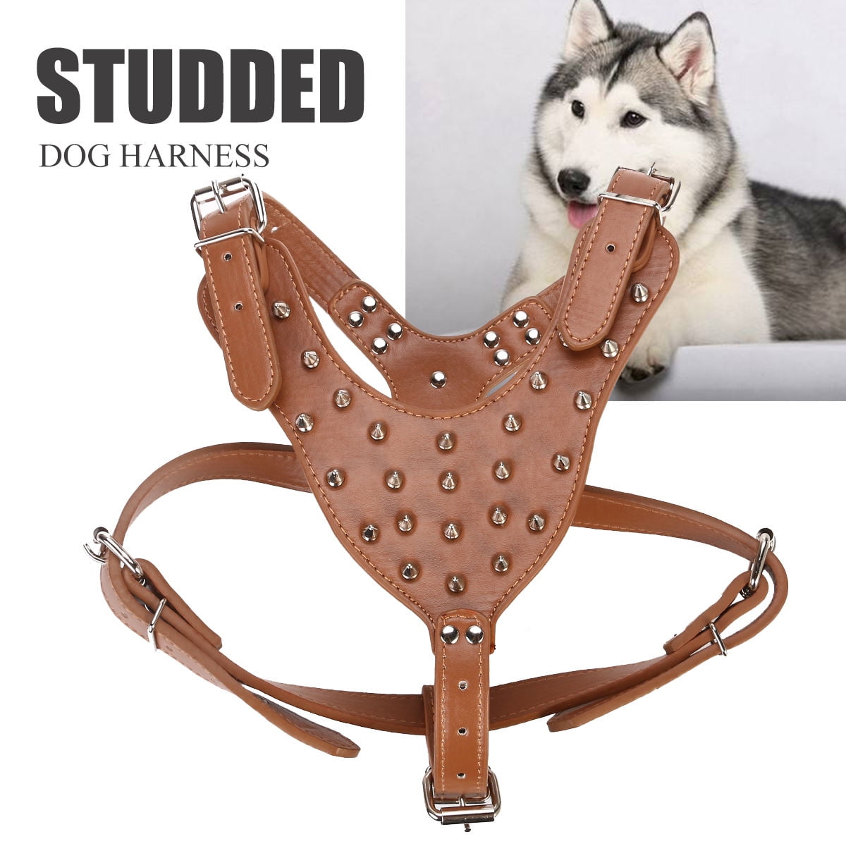 BESTYASH Comfortable Brown PU Dog Harness with Stainless Steel Spikes ...