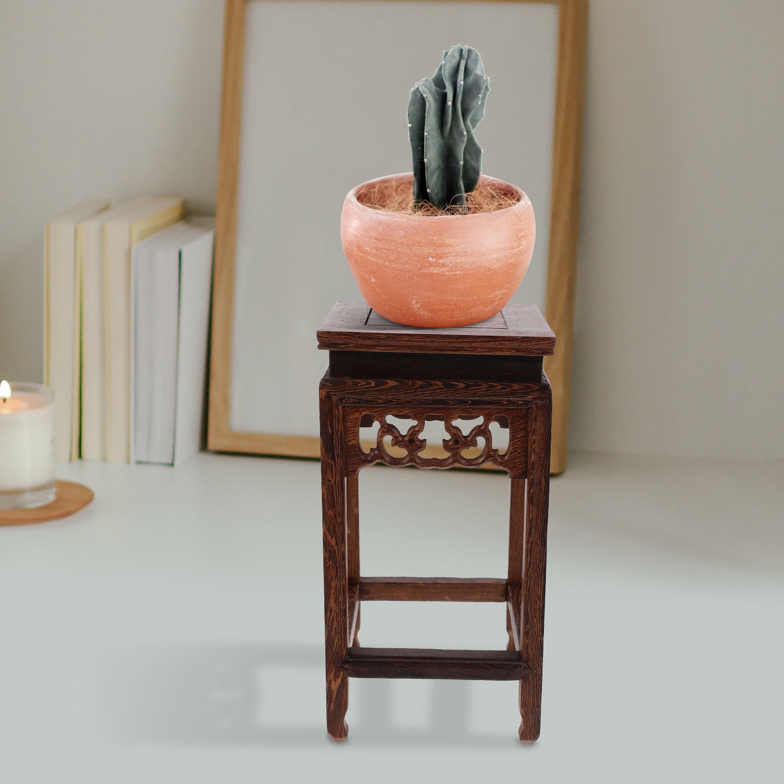 BESTYASH Dark Brown Wood Decorative Step Stool with Carved Stone Art ...