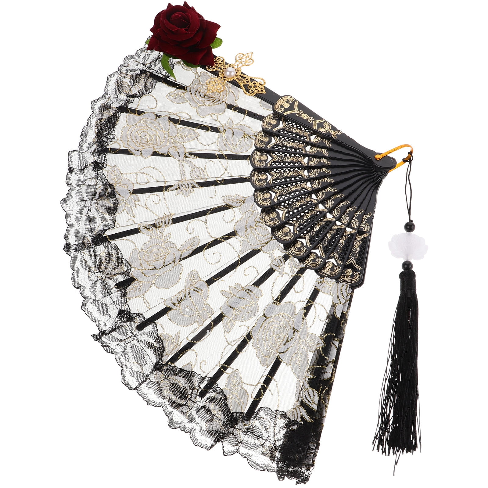 BESTYASH Embroidered Decorative Folding Fan for Tea Parties, Black ...