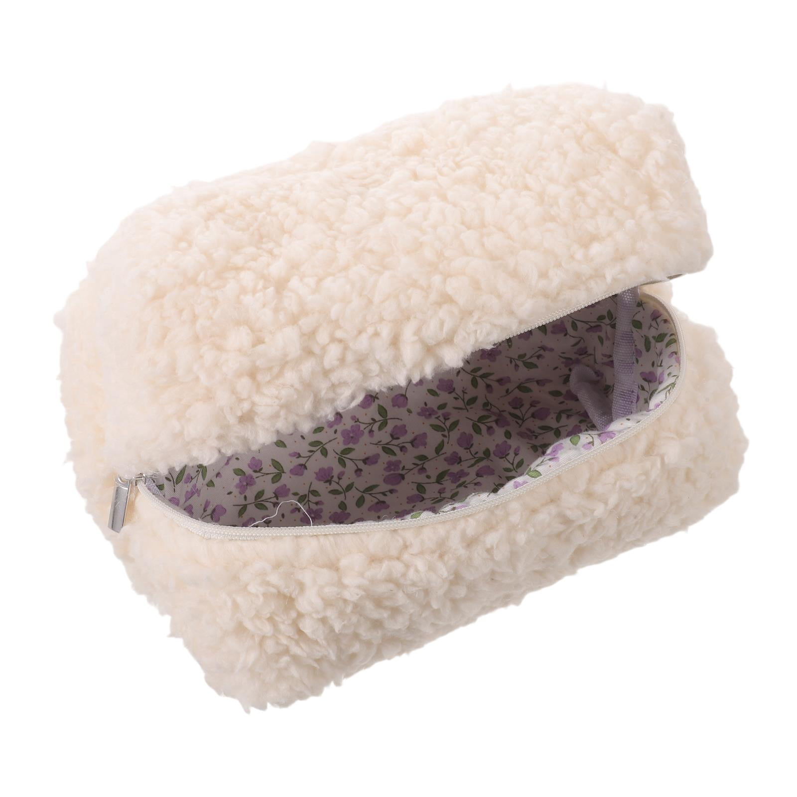 BESTYASH Beige Plush Cosmetic Bag Large Capacity Portable Travel Makeup ...