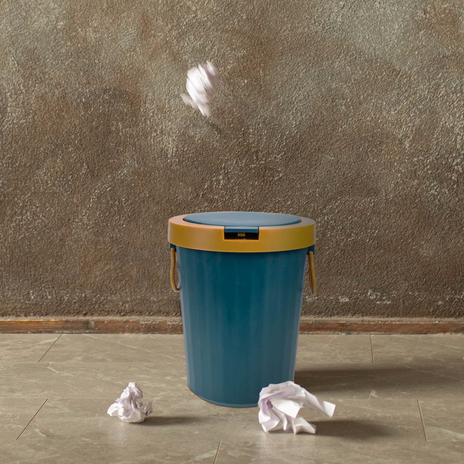 BESTYASH Plastic Waste Paper Container Blue Trash Can with Cover for ...