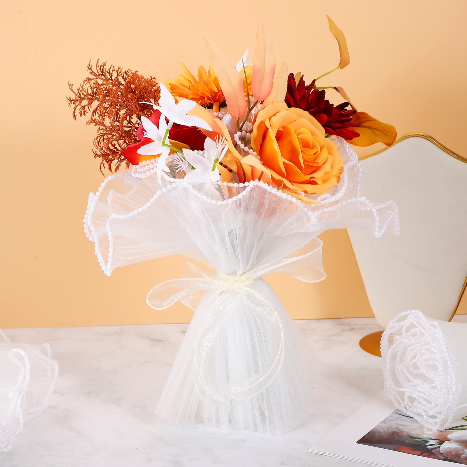 BESTYASH White Floral Mesh Wrapping Paper for Bouquets - Elegant Flower ...