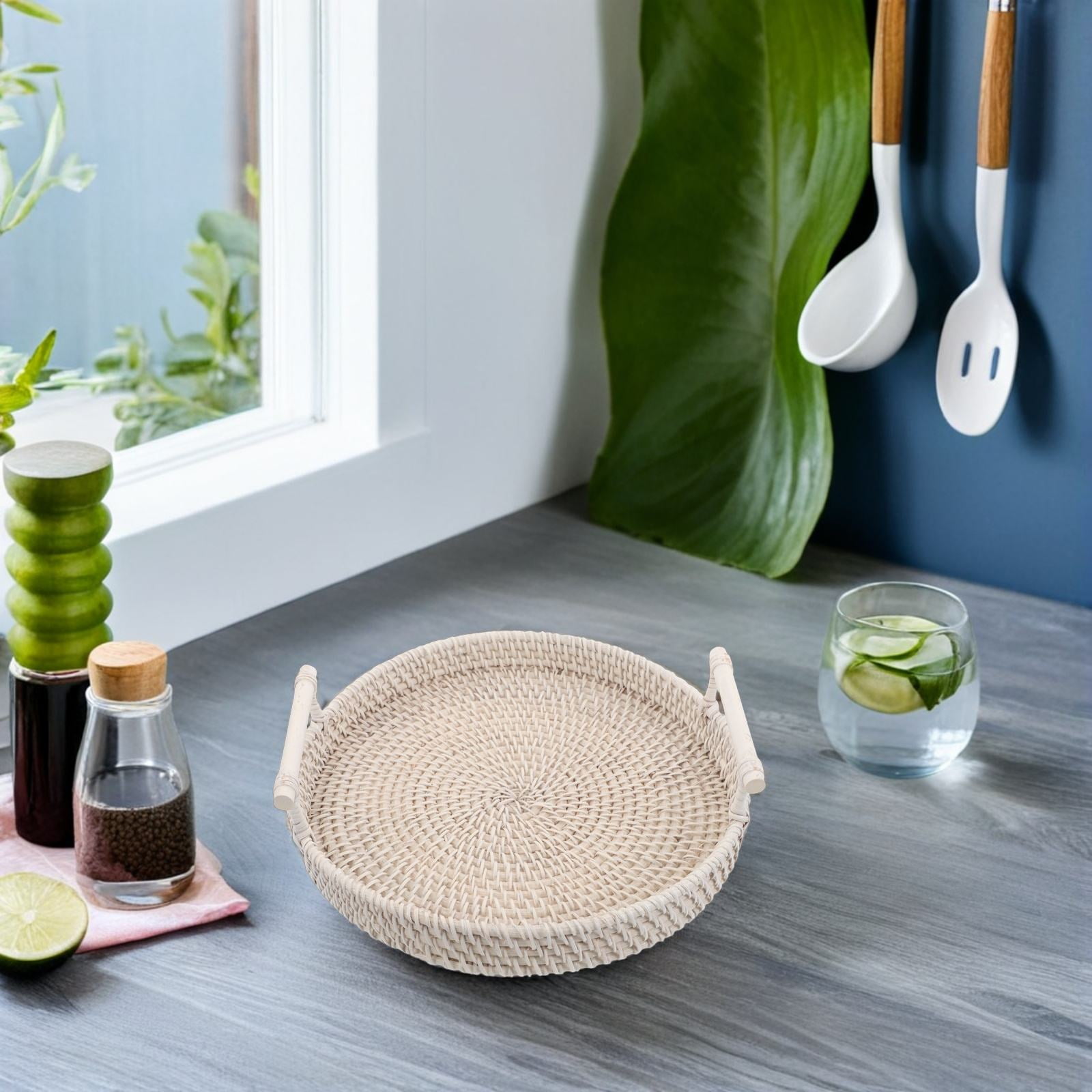 BESTYASH White Round Rattan Tray Handwoven Serving Platter with Handles ...