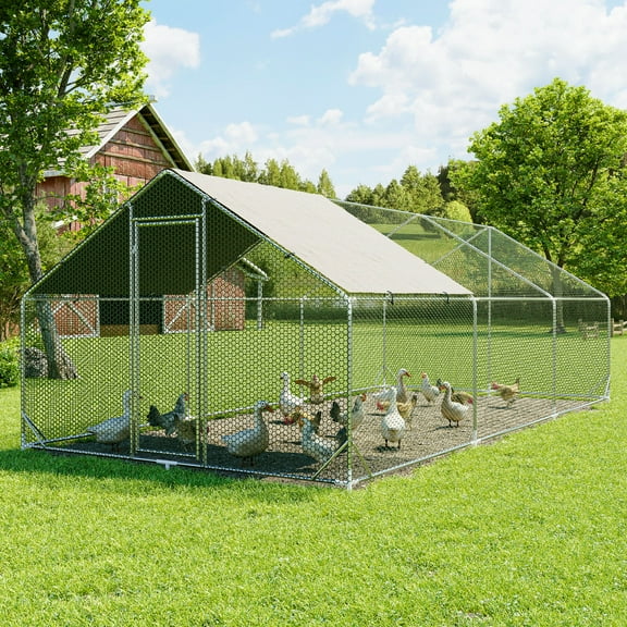 Chicken Coop Large Metal Walk-in Poultry Cage Chicken House with Flat ...