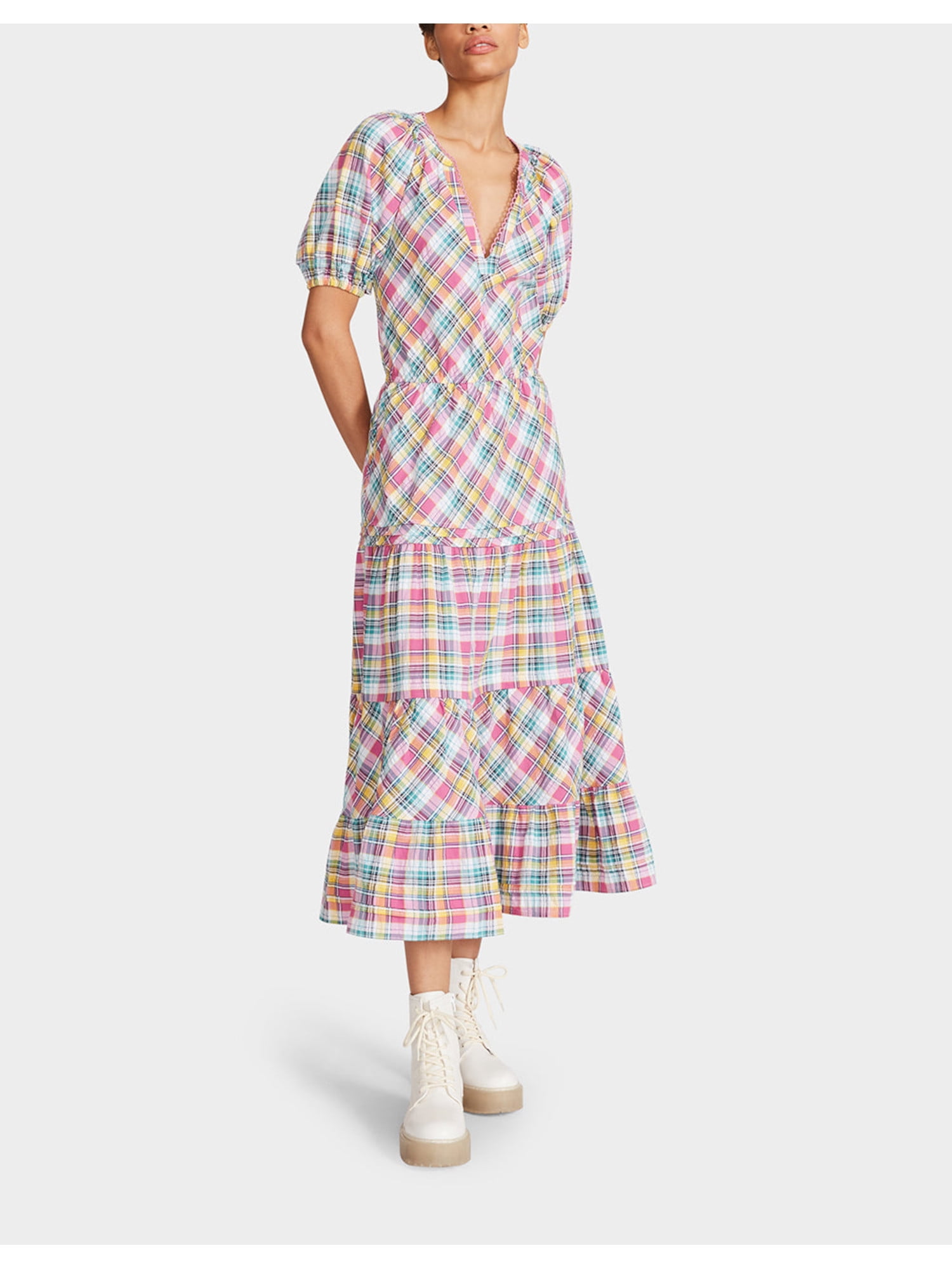 BETSEY JOHNSON Womens Pink Ruffled Elastic Waist Embroidered Trim Plaid Pouf Sleeve Split Midi ...