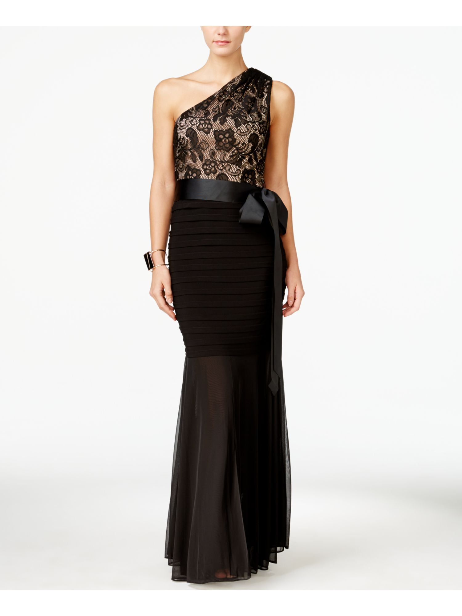 BETSY & ADAM Womens Black Lace Sheer Ribbon Sash Sleeveless ...