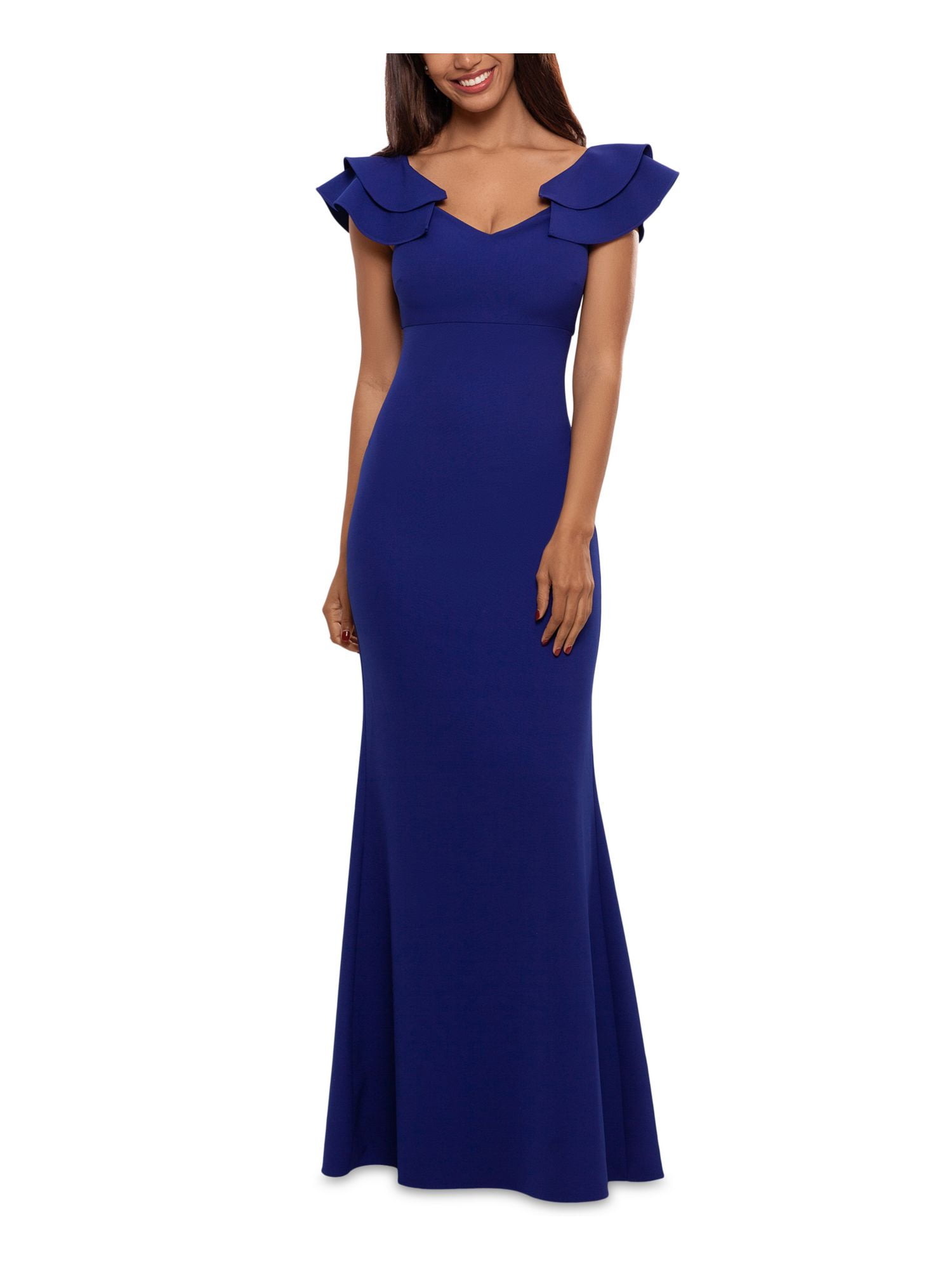 Betsy And Adam Womens Blue Zippered Fitted Lined Ruffled Strap V Neck