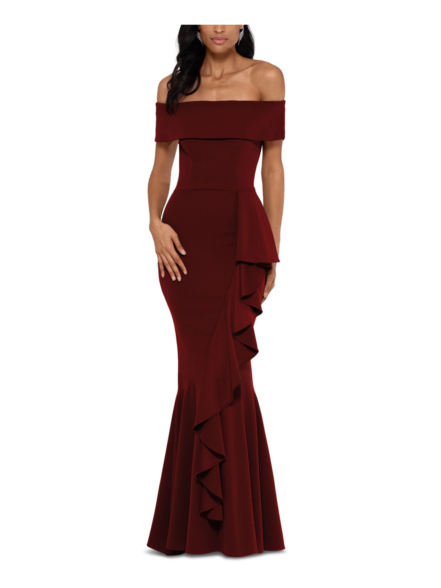 BETSY & ADAM Womens Maroon Zippered Ruffled Asymmetrical Hem Padded ...