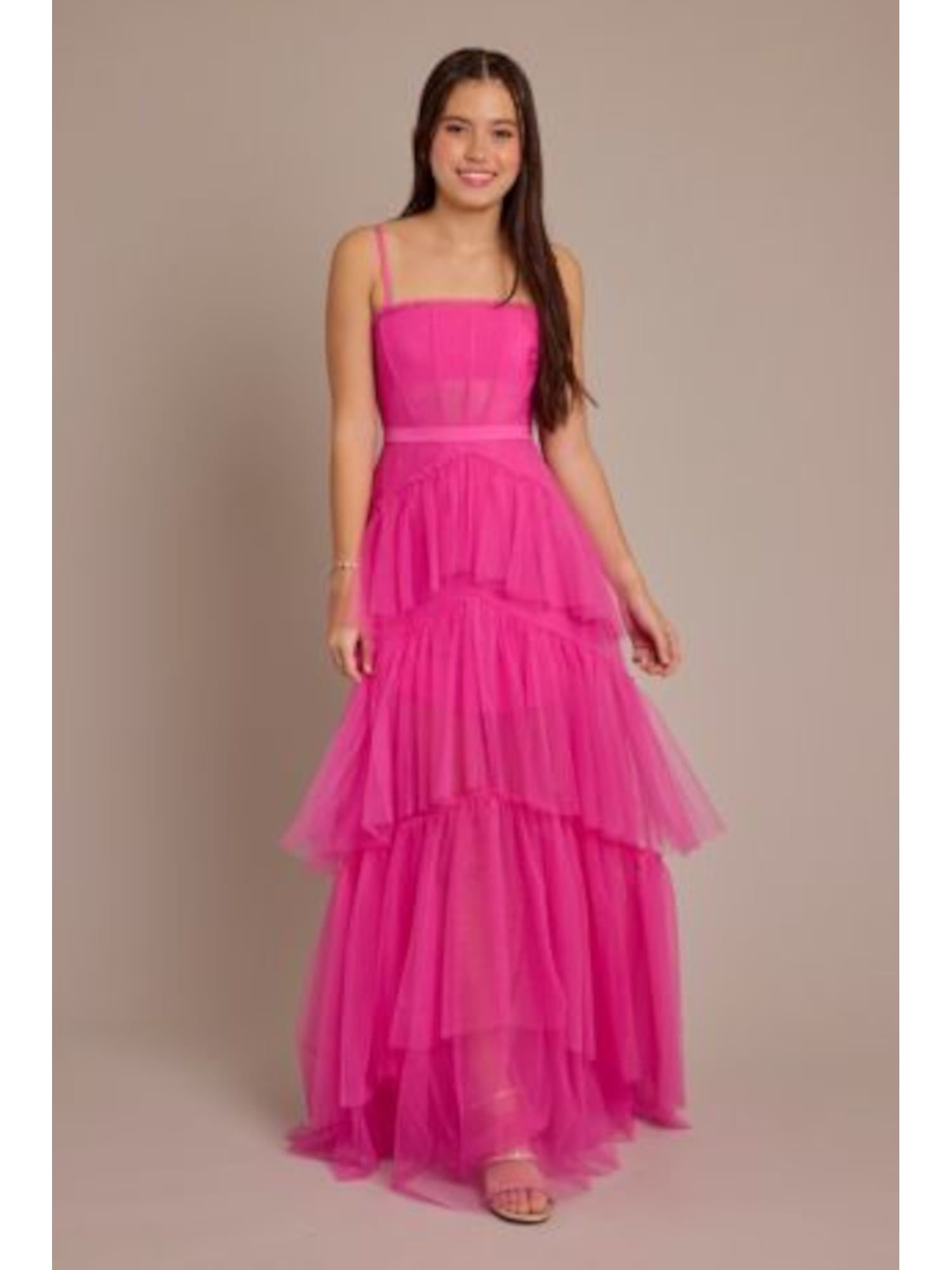 BETSY & ADAM Womens Pink Mesh Zippered Lined Corset-style Bodice Tiered ...