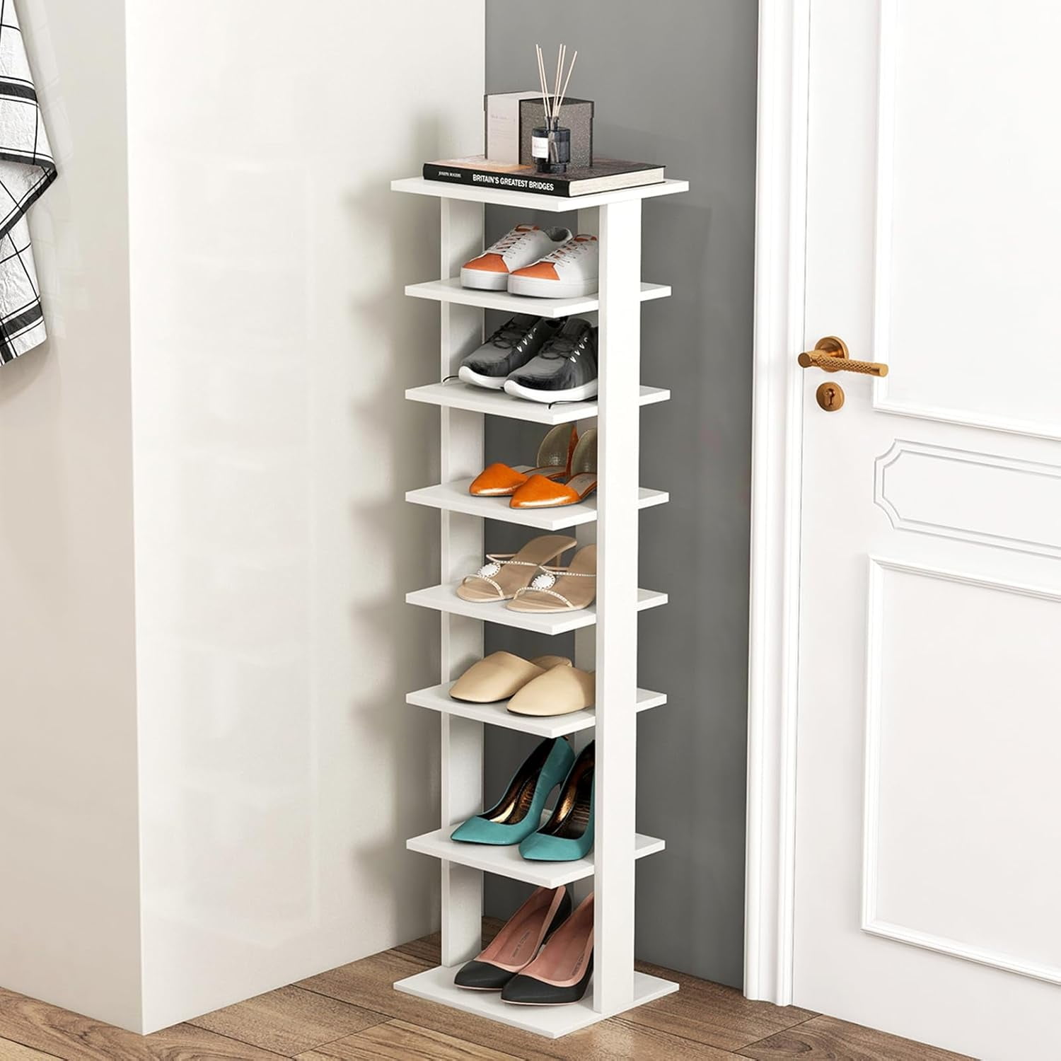 BETTARY 8 Tier Vertical Shoe Rack, Narrow Wooden Corner Shoe Organizer ...