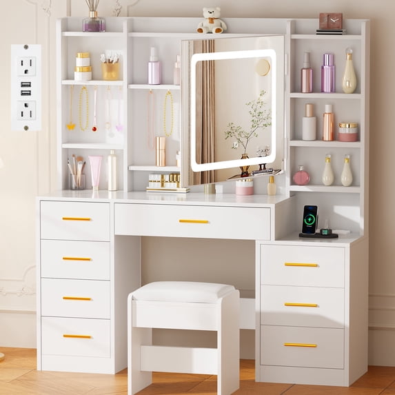 BEWISHOME Large Makeup Vanity with 8 Drawers, White Vanity Table Set ...