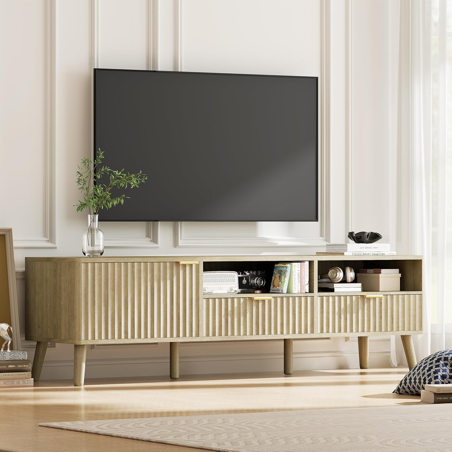 BEWISHOME TV Stand for 55/60/65 inch TV Fluted TV Stand 59" Mid Century Modern TV Console ...