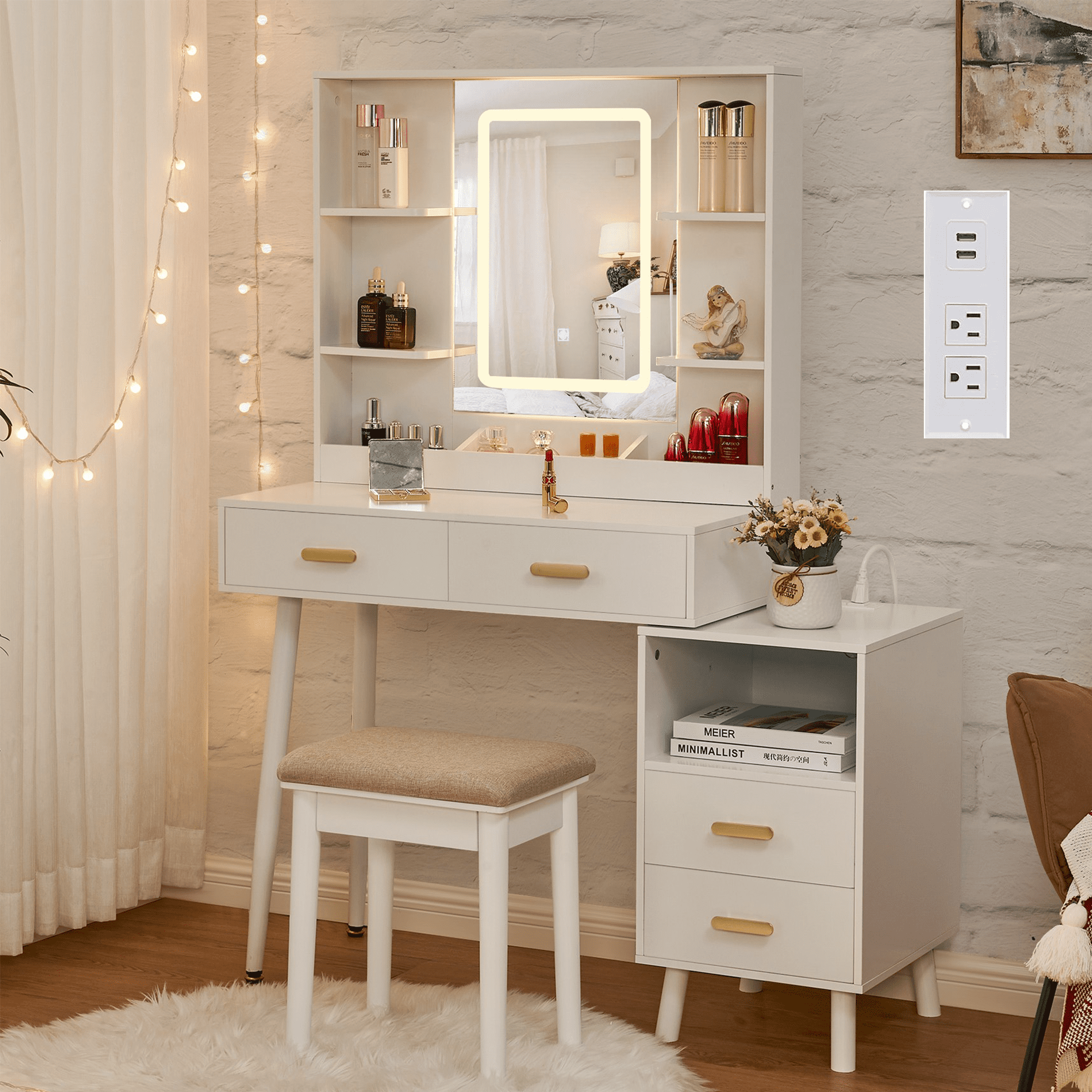 BEWISHOME Vanity Desk with LED Mirror, Drawer, Stool & USB Charging, 3 ...