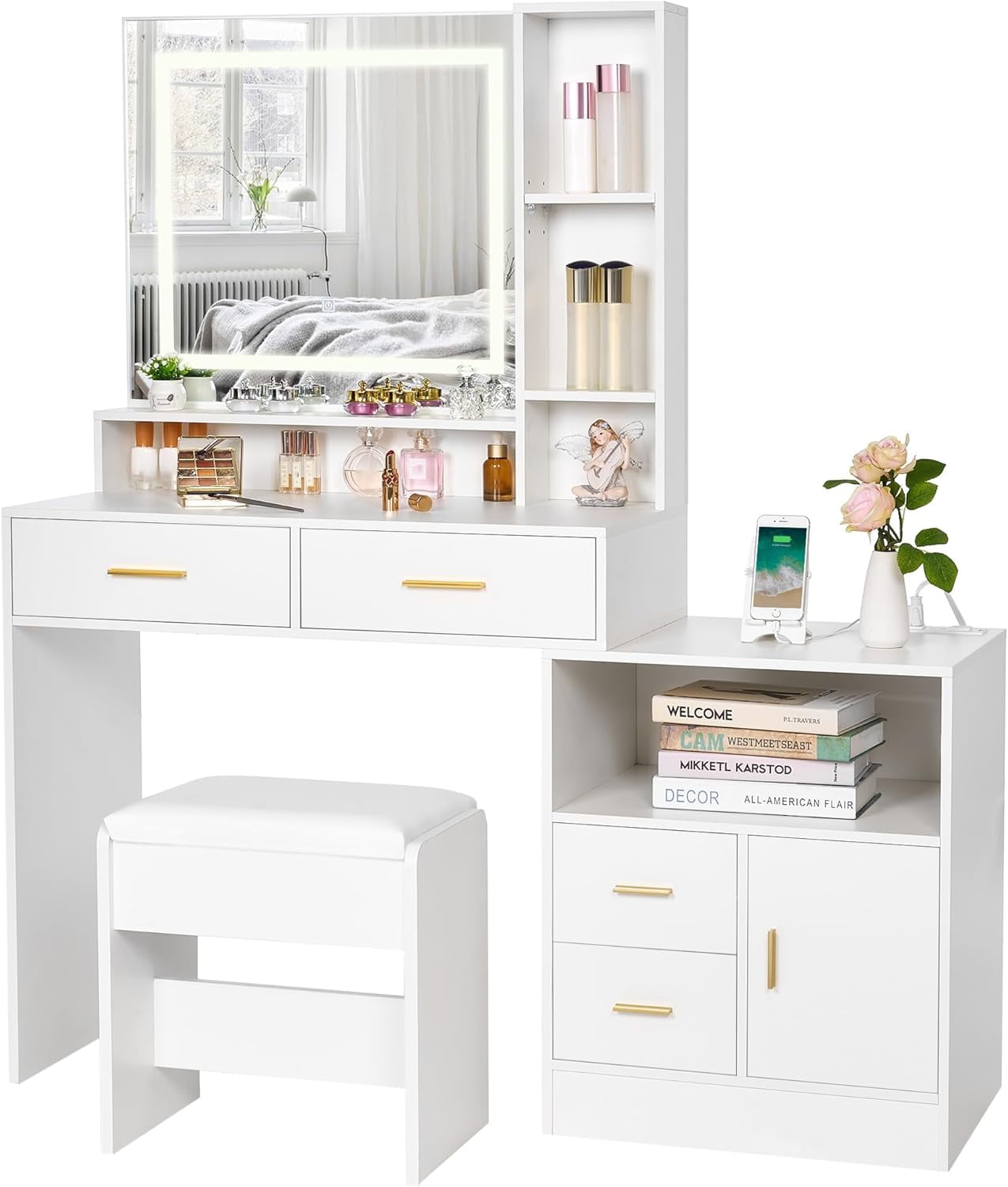 BEWISHOME White Vanity Desk with Mirror and Lights,Make Up Vanity ...