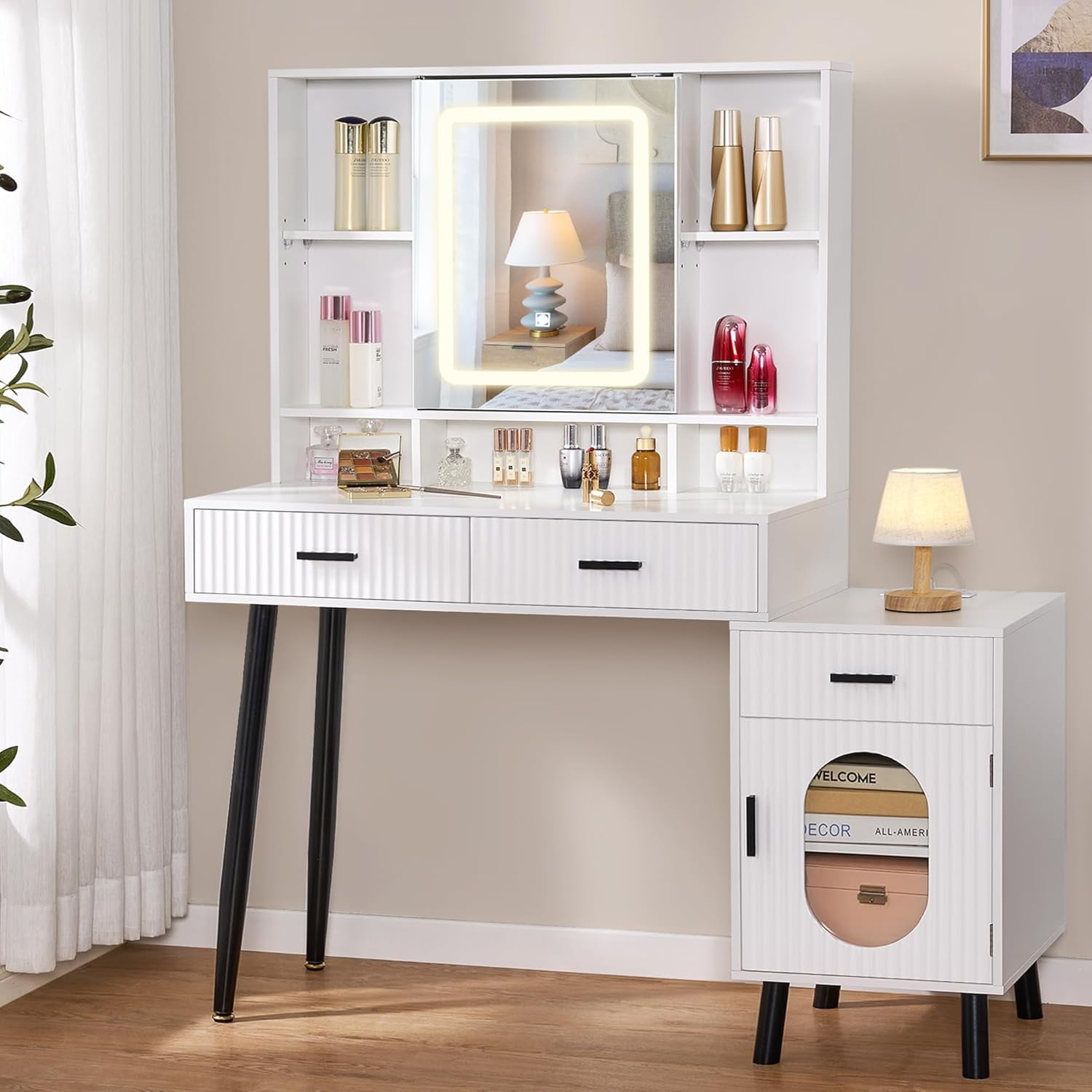 BEWISHOME White Vanity Desk with Mirror and Lights,Makeup Vanity Set ...