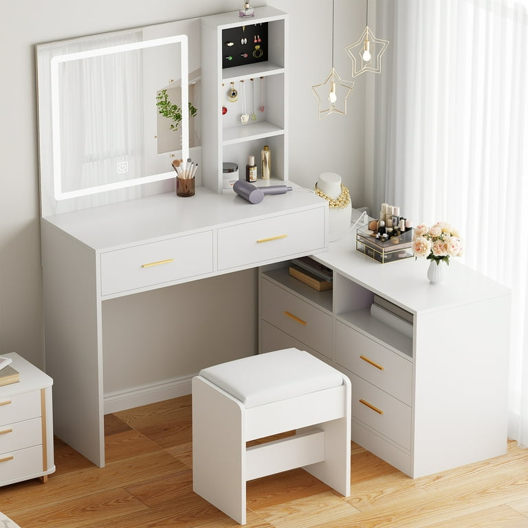 BEWISHOME White Vanity Desk with Mirror and Lights Vanity L Shape Change Makeup Vanity Set Makeup Desk Dressing Table Vanity Table with Charging