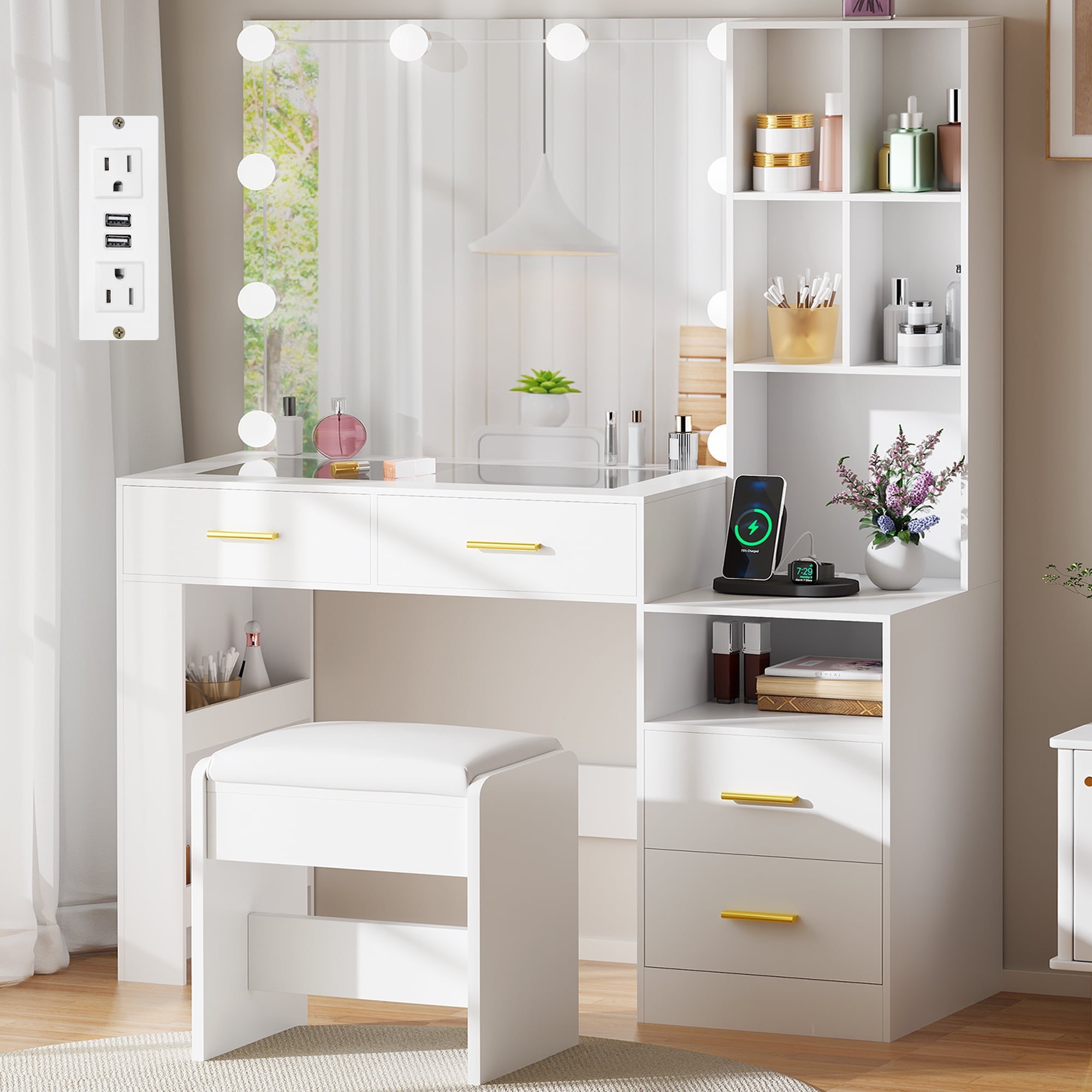 BEWISHOME White Vanity Desk with Mirror and Lights, Makeup Vanity Set ...